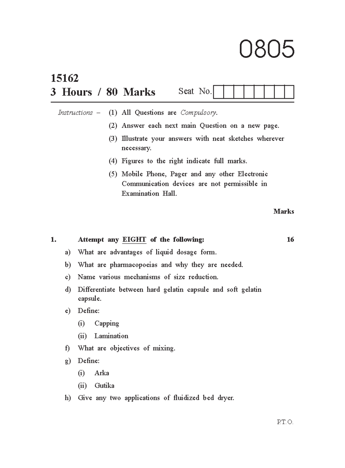 0805 Question Paper Summer 2016 - 0805 15162 3 Hours / 80 Marks Seat No ...