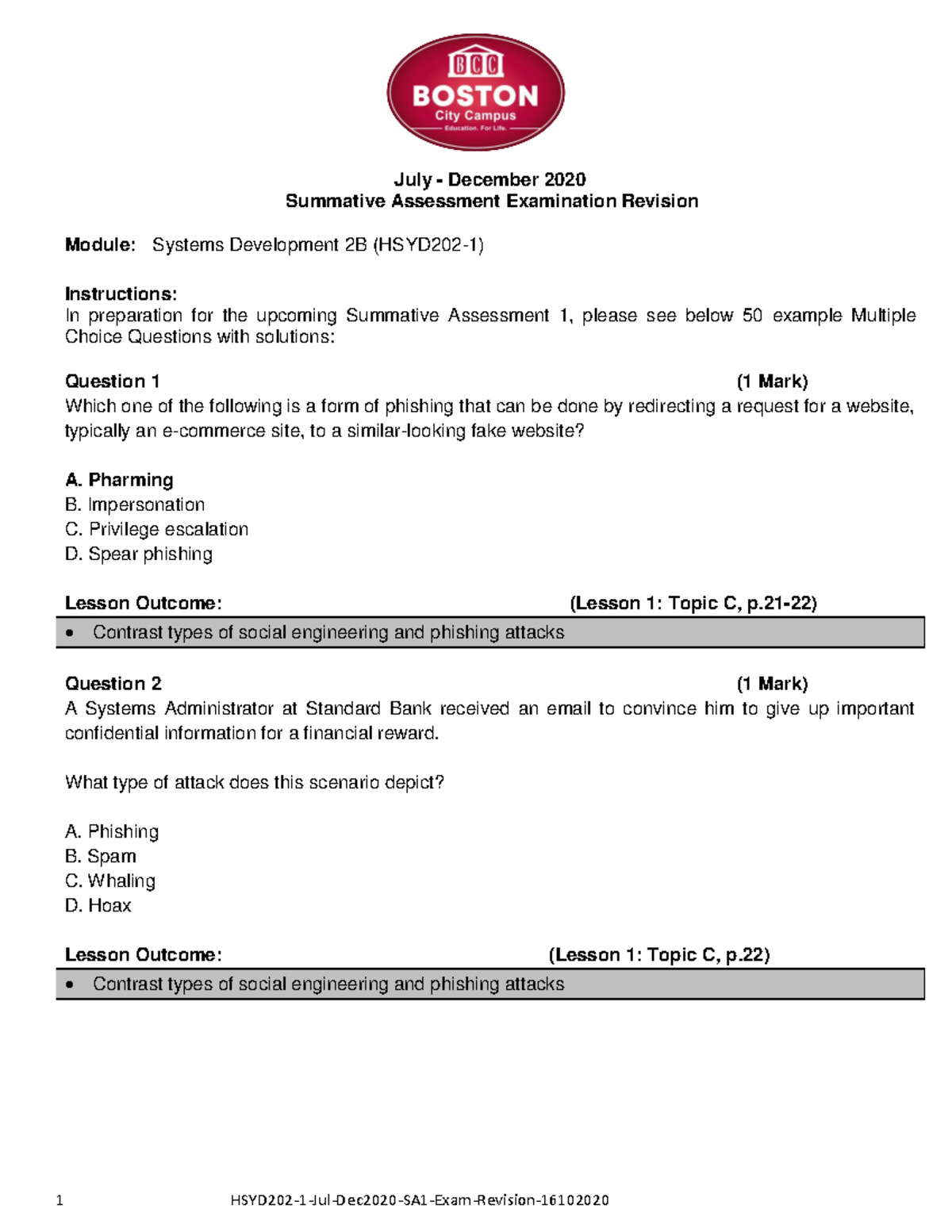 SA1 Exam Scope Revision HSYD202 1 16102020 - 1 HSYD202-1-Jul-Dec2020 ...