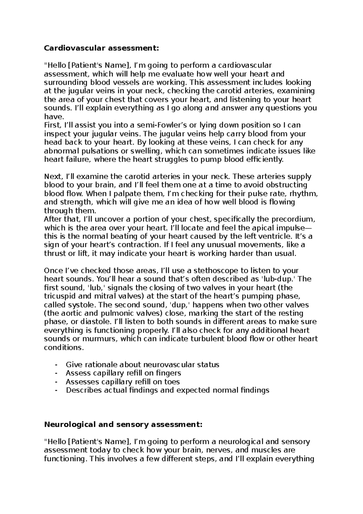 1810 OSCE script - Cardiovascular assessment: "Hello [Patient's Name ...