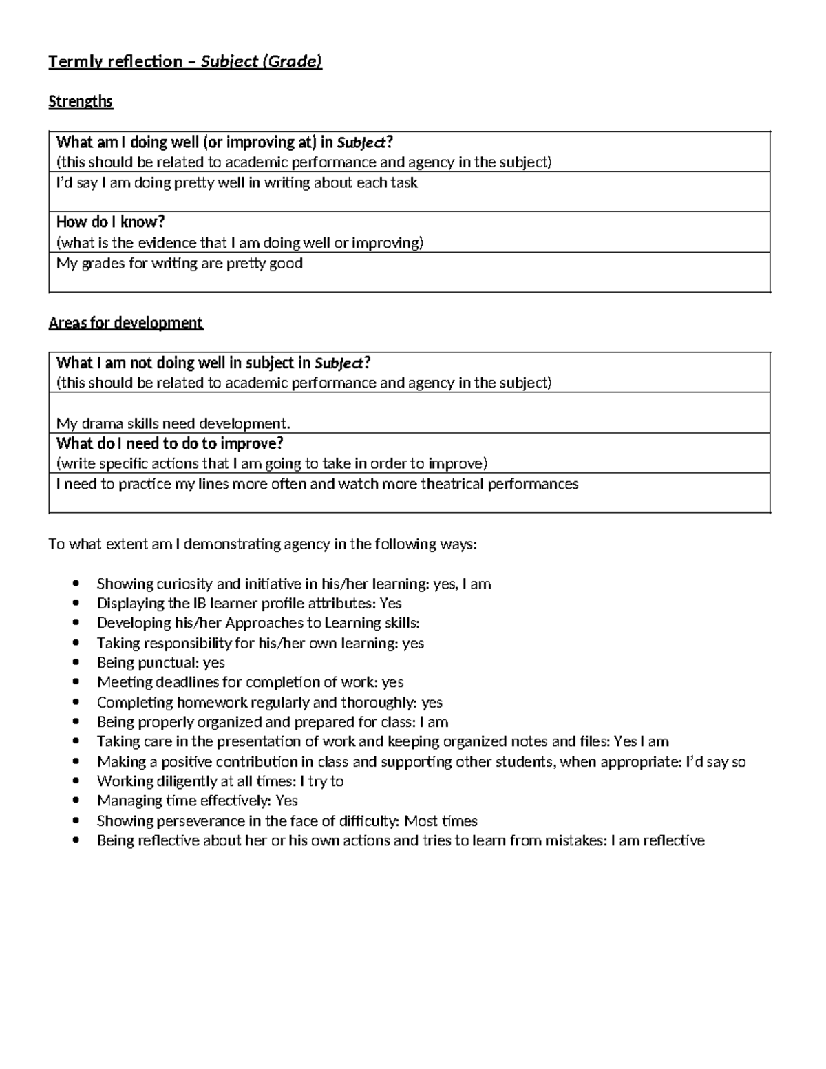 Term 1 reflection drama - Termly reflection – Subject (Grade) Strengths ...