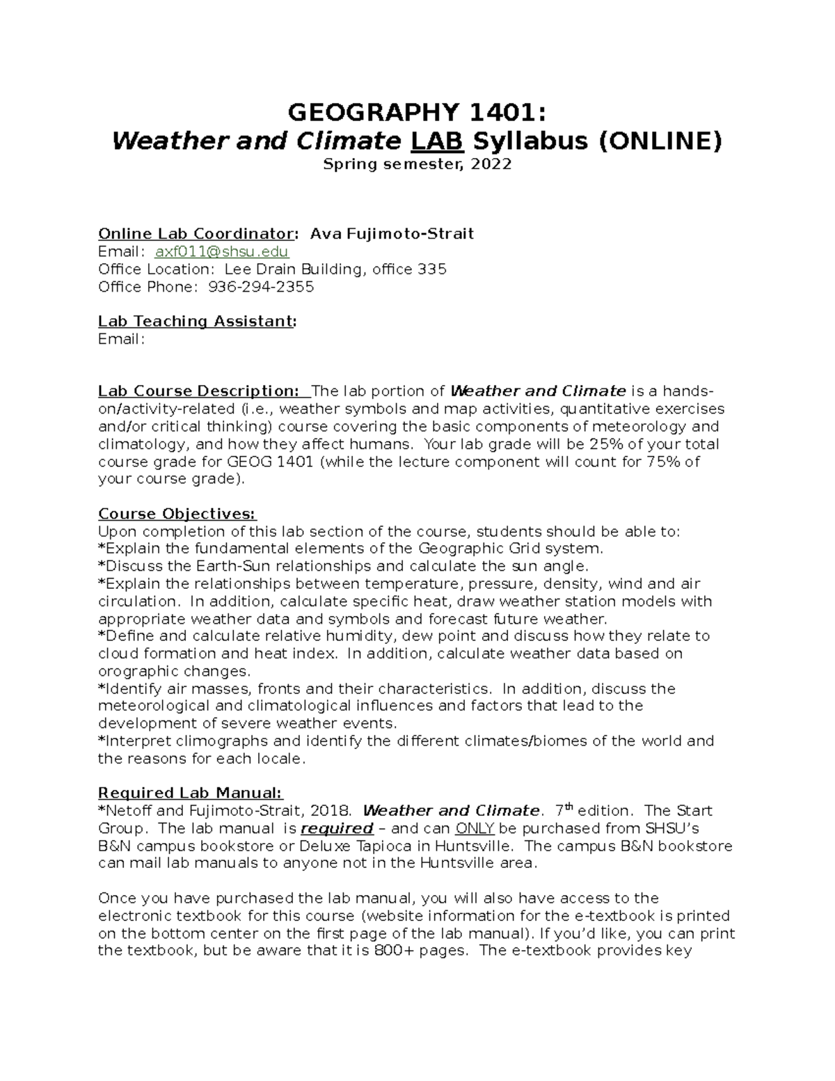 GEOG 1401 Weather and Climate Online LAB Syllabus - Spring 2022 ...