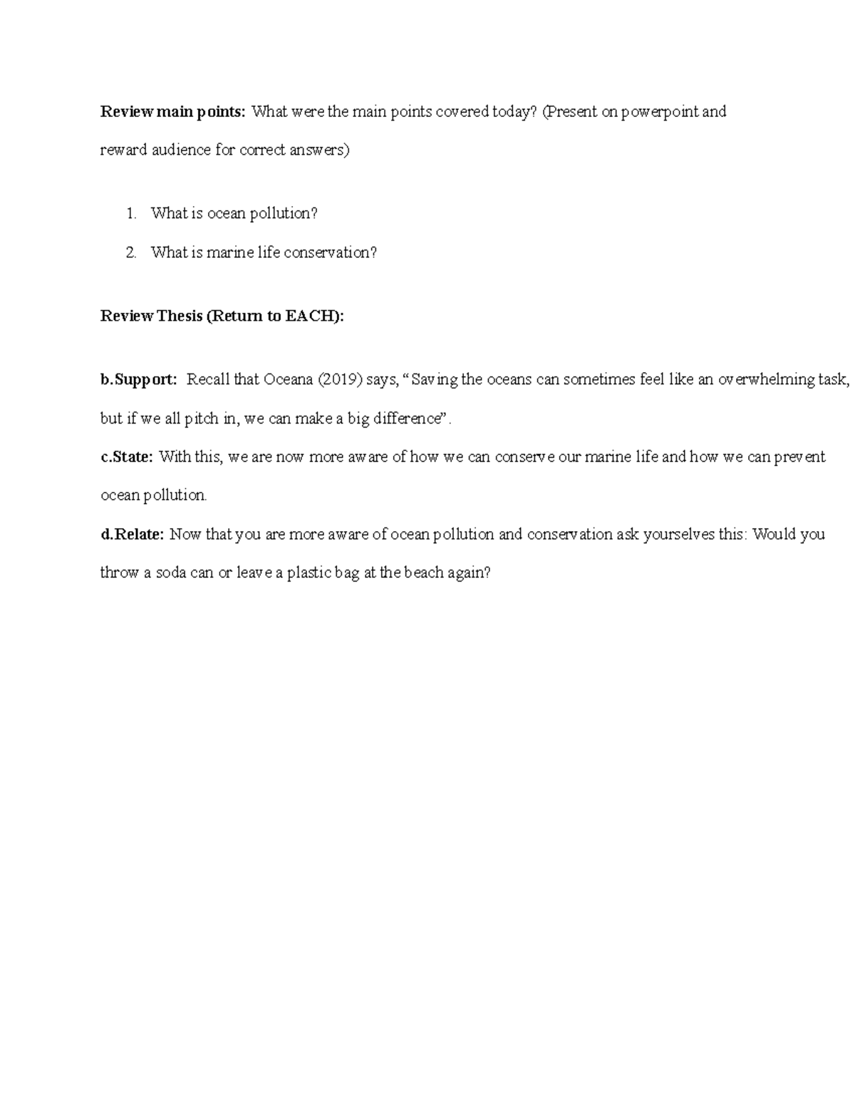 Full Sentence Outline-Page 5 - Review main points: What were the main ...