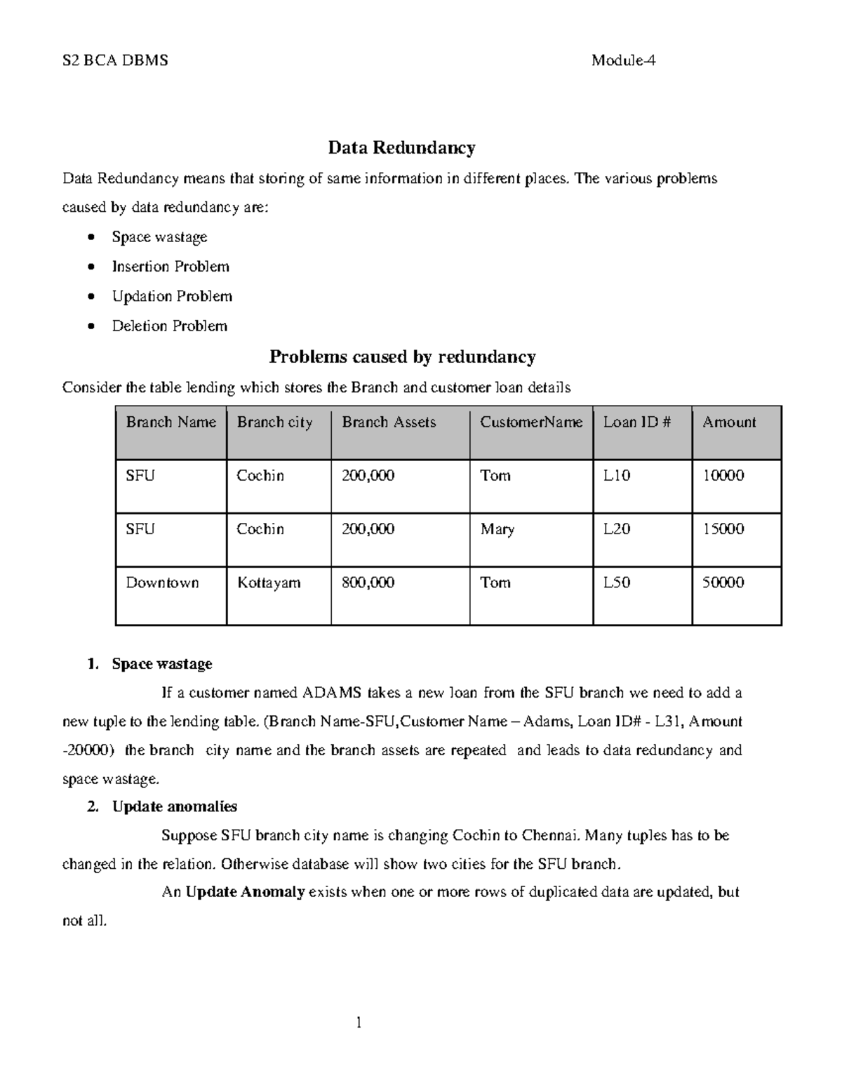 M4dbms - Semester 2 , DBMS , module 4 - Data Redundancy Data Redundancy ...