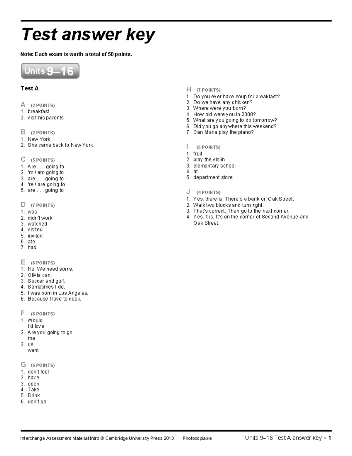 Interchange Intro Tests And Quizes 1 Interchange Assessment Material