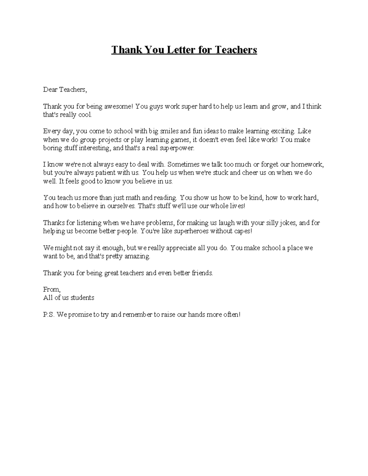 Thank You Letter for Teachers - Every day, you come to school with big ...