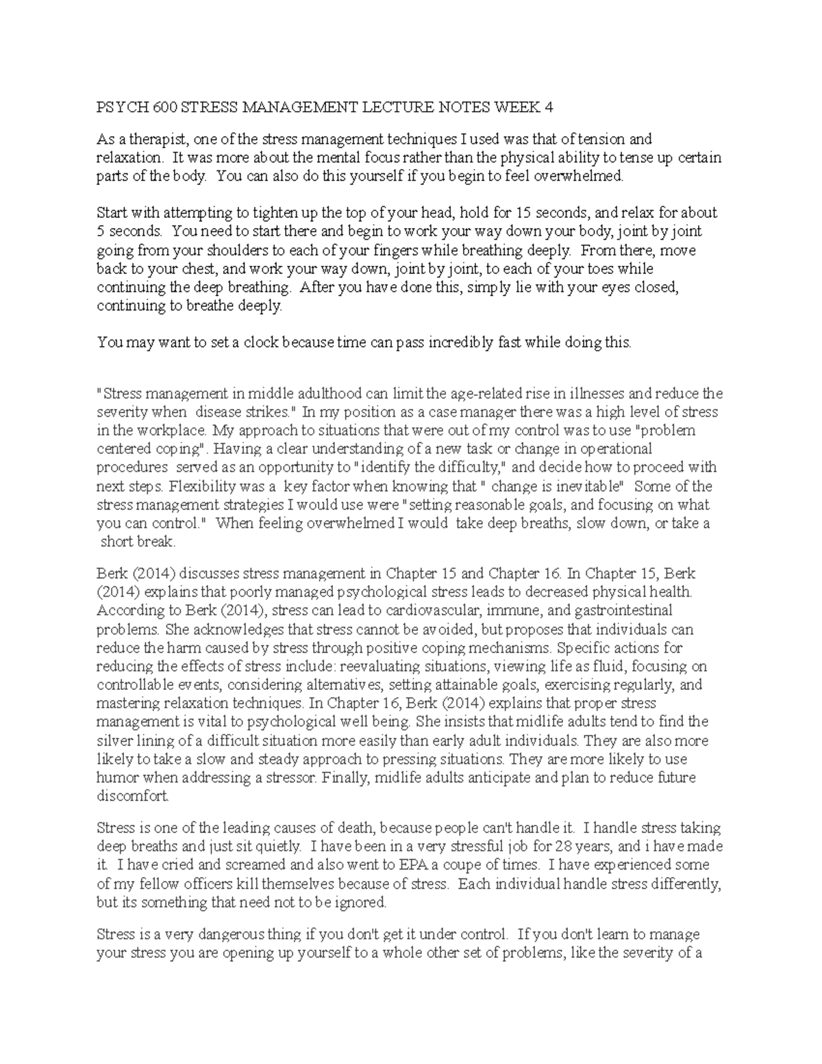 PSYCH 600 Stress Management Lecture Notes WEEK 4 - PSYCH 600 STRESS ...