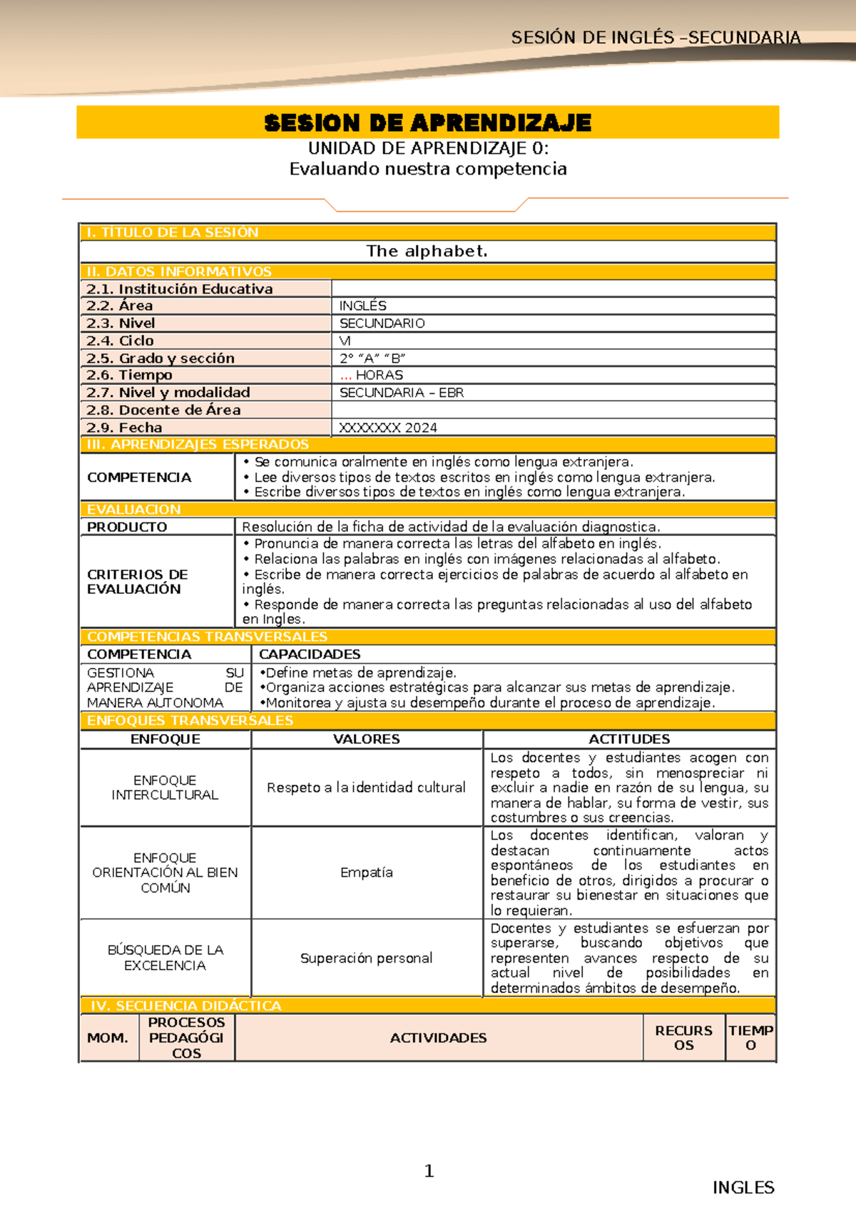 1°y2° Sesion ACTV O - Ingles 2024 - SESIÓN DE INGLÉS –SECUNDARIA INGLES 1 SESION DE APRENDIZAJE ...