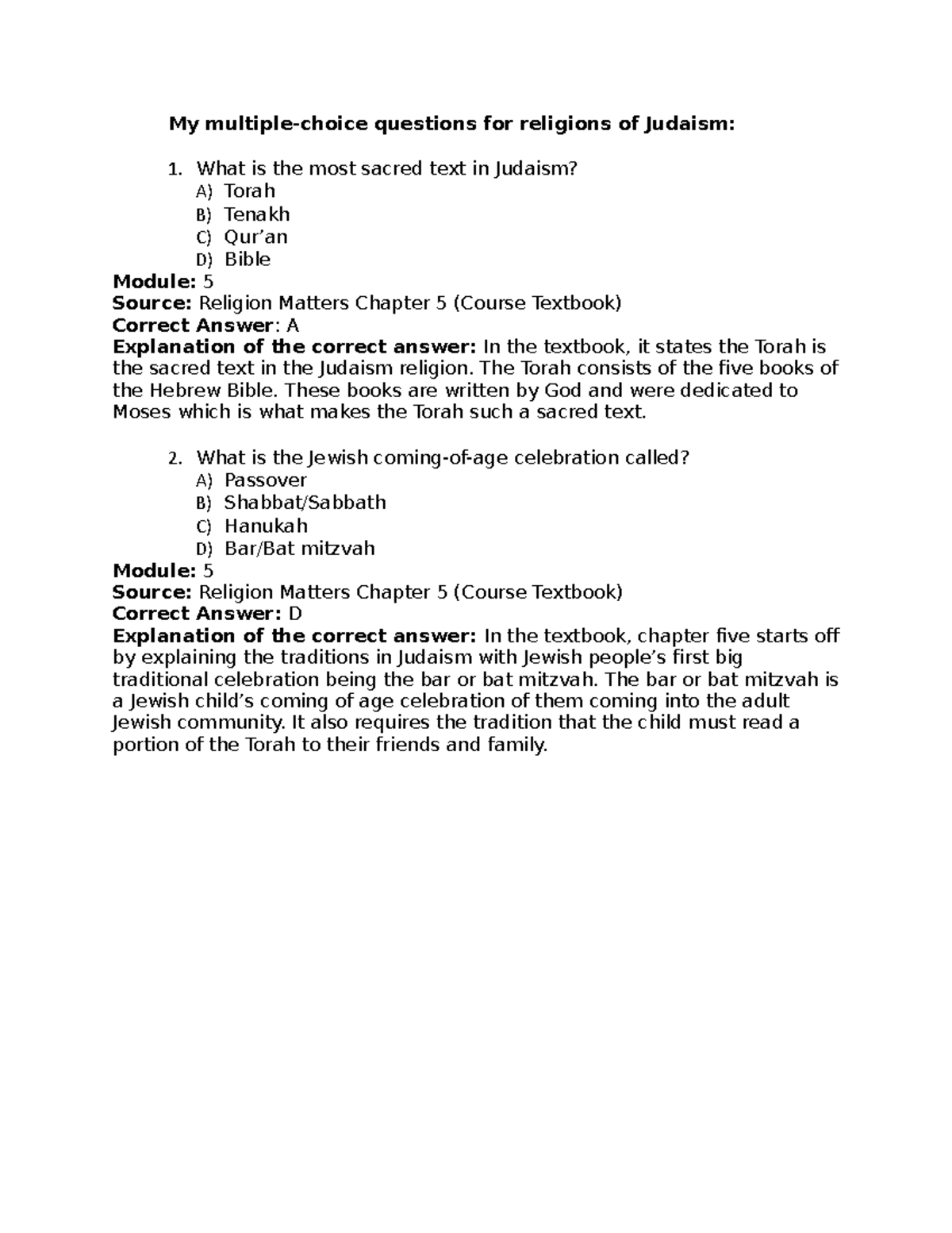 My multiple choice questions Judaism - My multiple-choice questions for ...