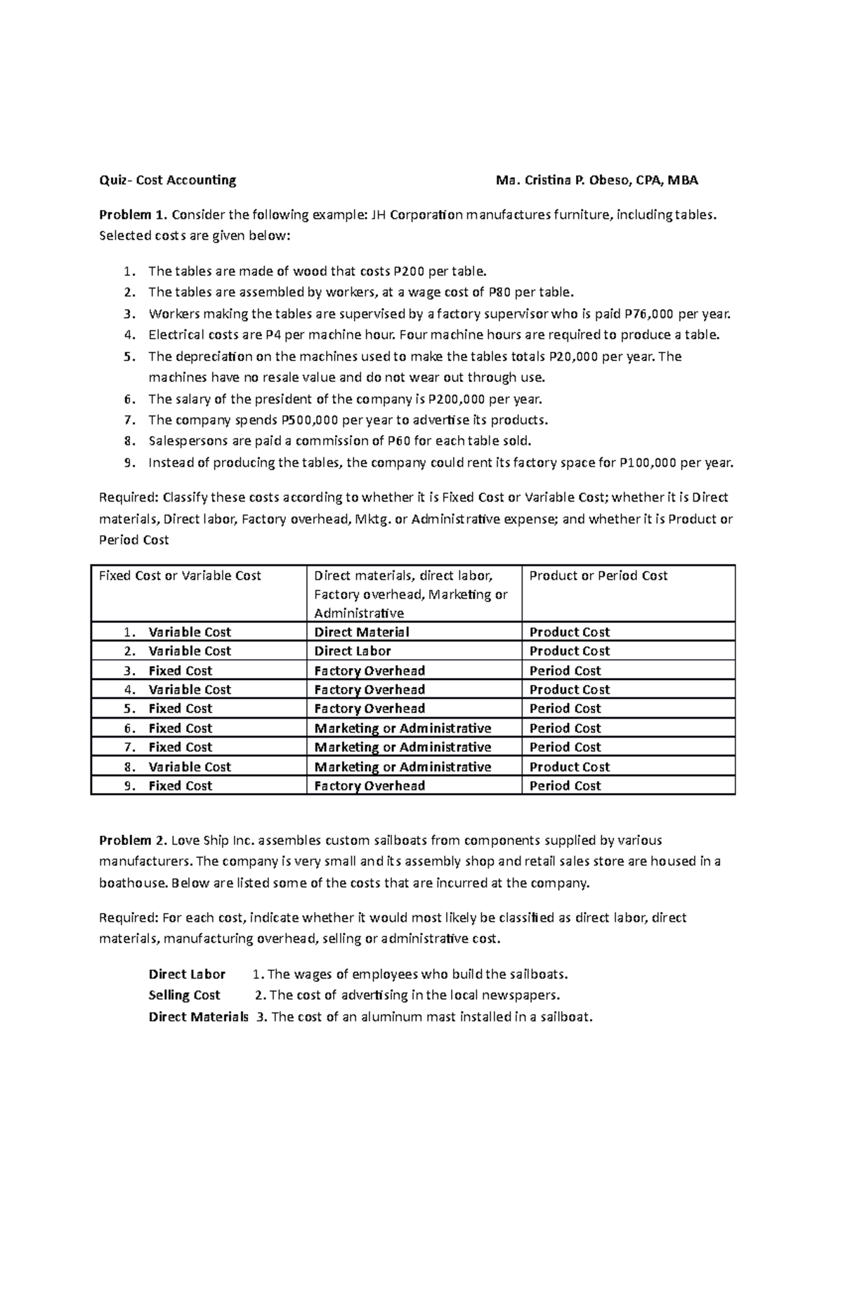 Answer Quiz cost concepts and classification - Quiz- Cost Accounting Ma ...