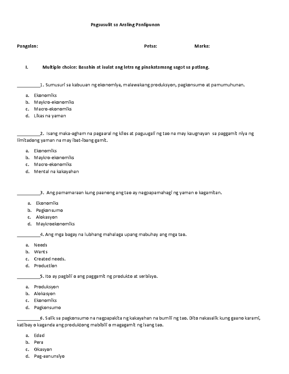 Pagsusulit 1. ap 9 10 - Pagsusulit sa Araling Panlipunan Pangalan ...