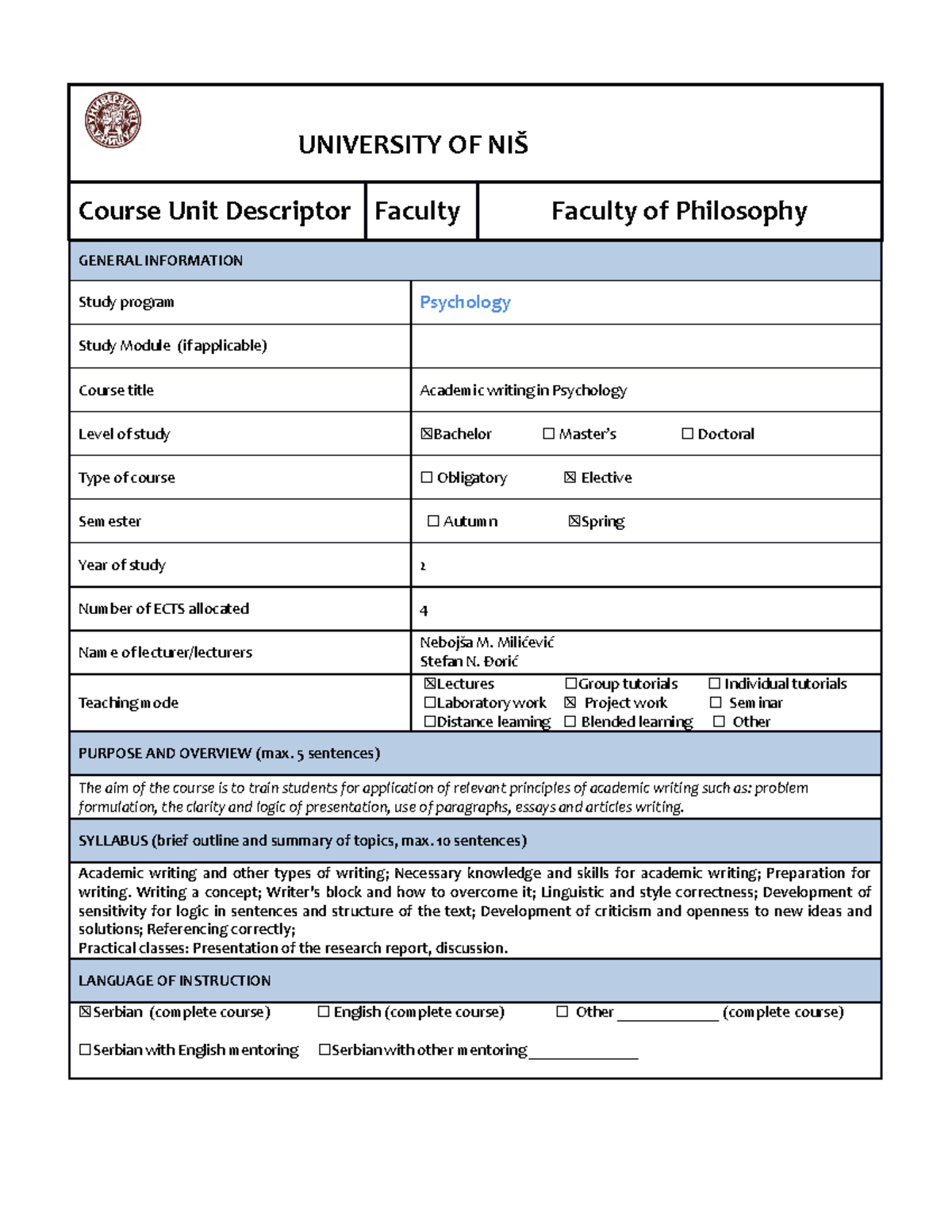 Academic Writing in Psychology - UNIVERSITY OF NIŠ Course Unit ...