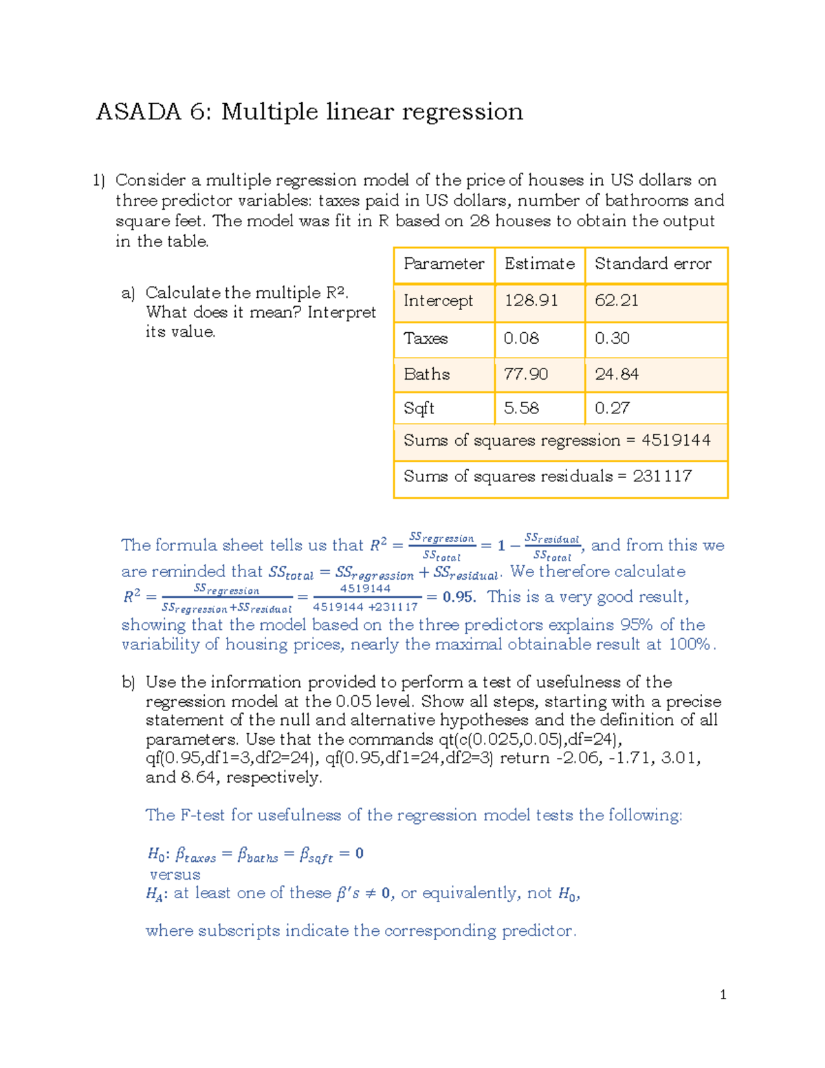 Asada 6 Solutions - exercise solution - ASADA 6: Multiple linear regression Consider a multiple ...