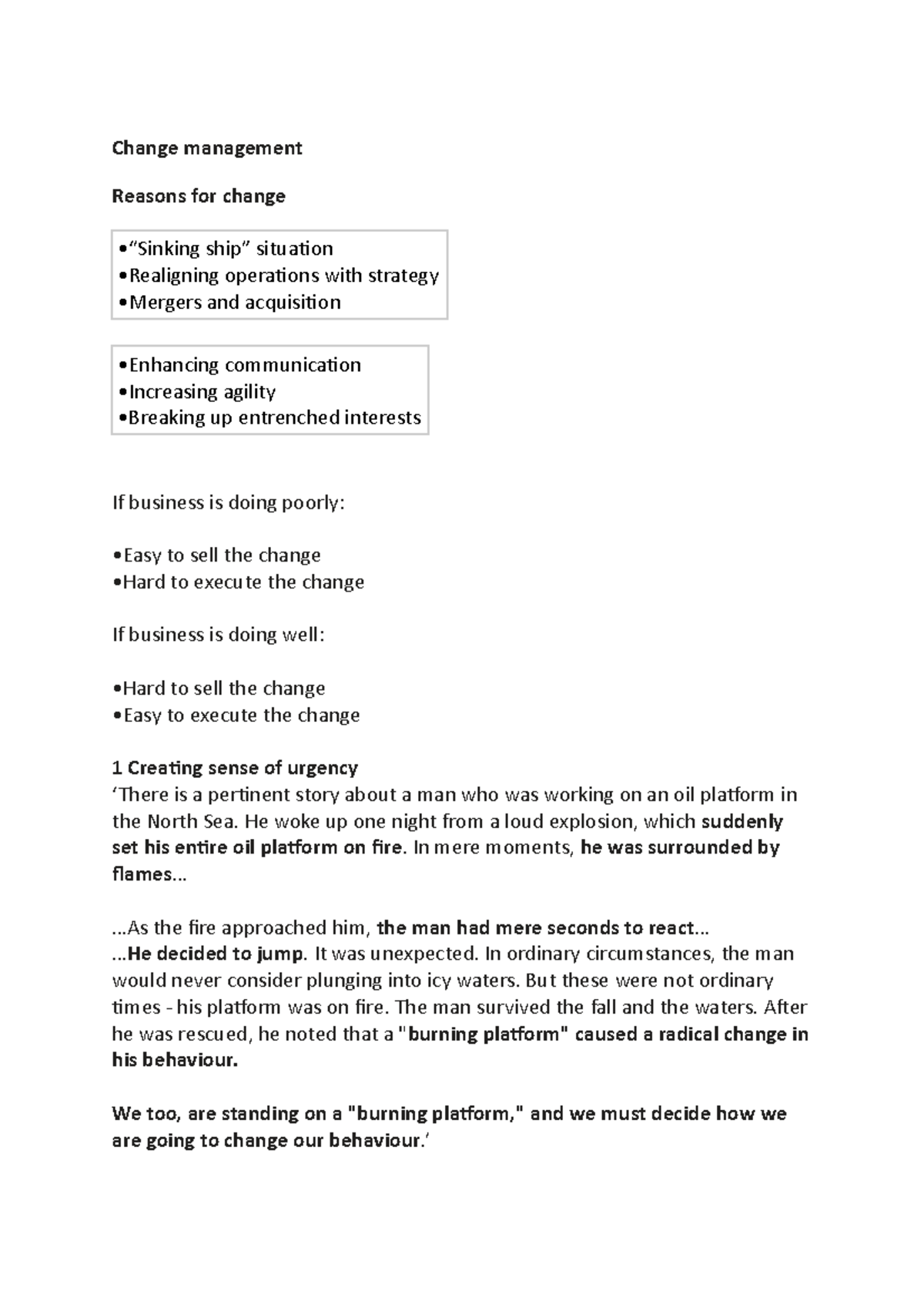 Change management - Lecture notes 1 - Change management Reasons for ...