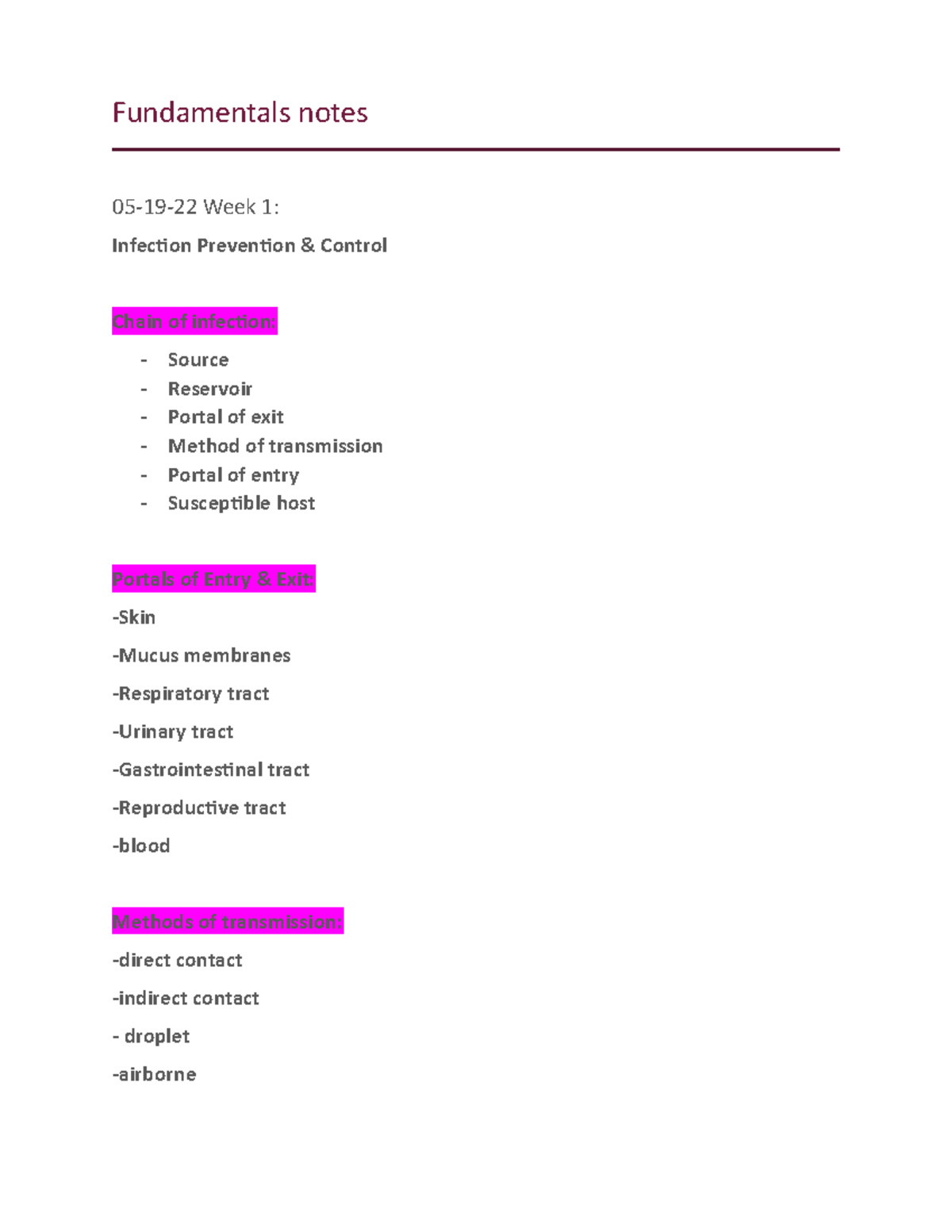 Fundamentals notes - Fundamentals notes 05-19-22 Week 1: Infection ...