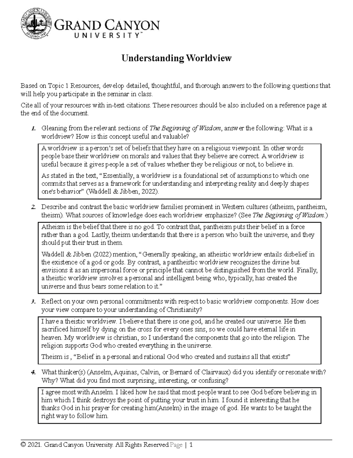 CWV Seminar Week 2 - Understanding Worldview Based on Topic 1 Resources ...
