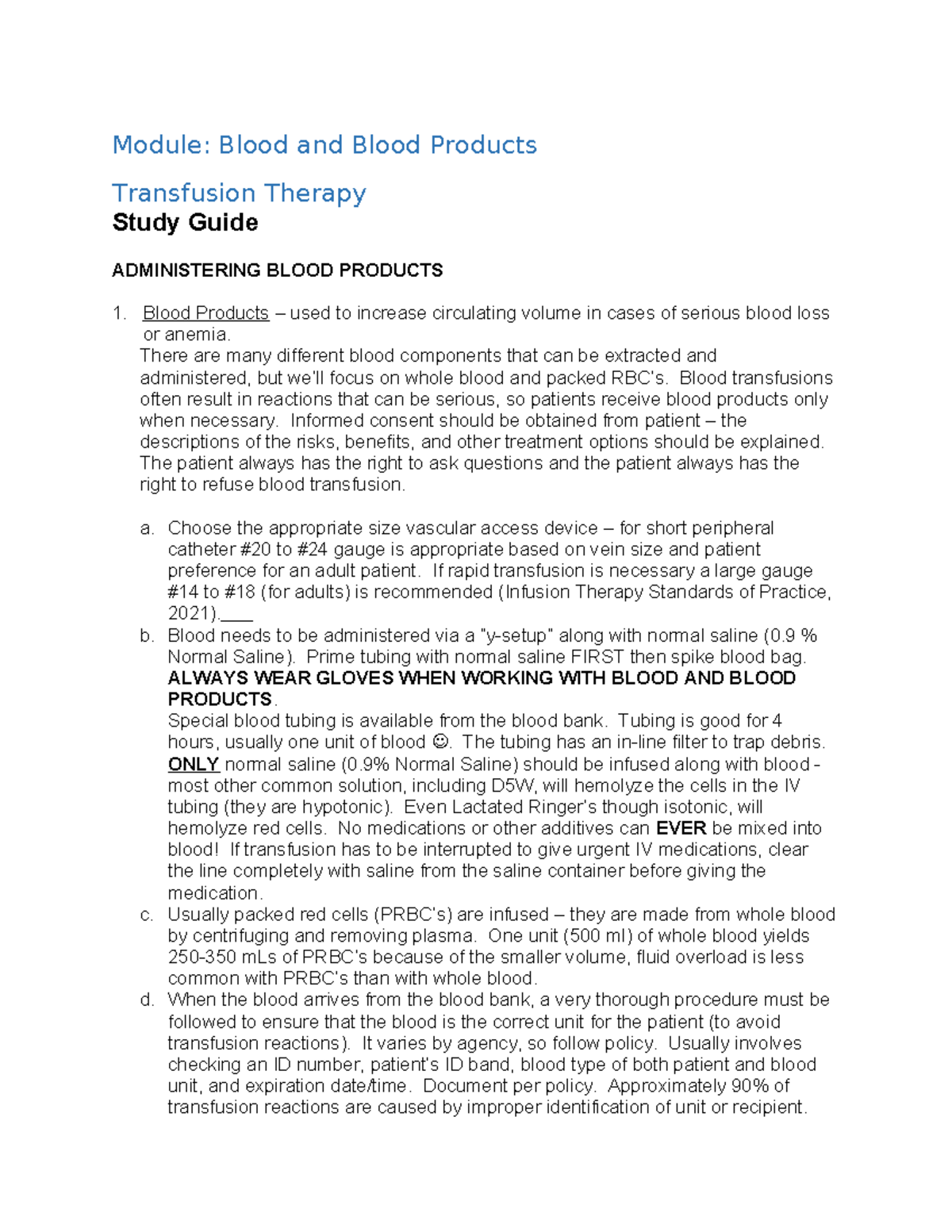 Blood Study Guide - Module: Blood and Blood Products Transfusion ...