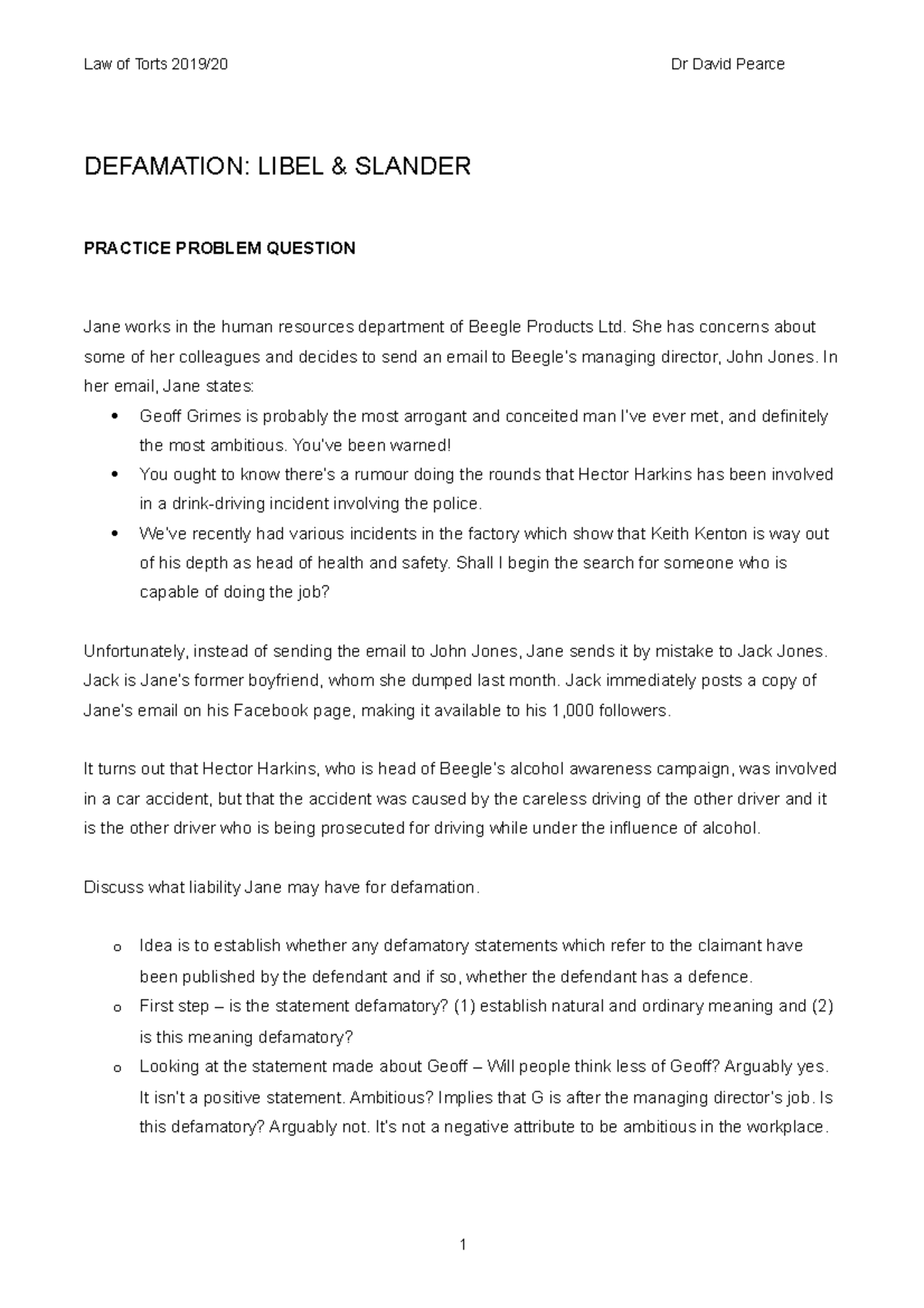 Defamation Practice Question - Law of Torts 2019/20 Dr David Pearce ...