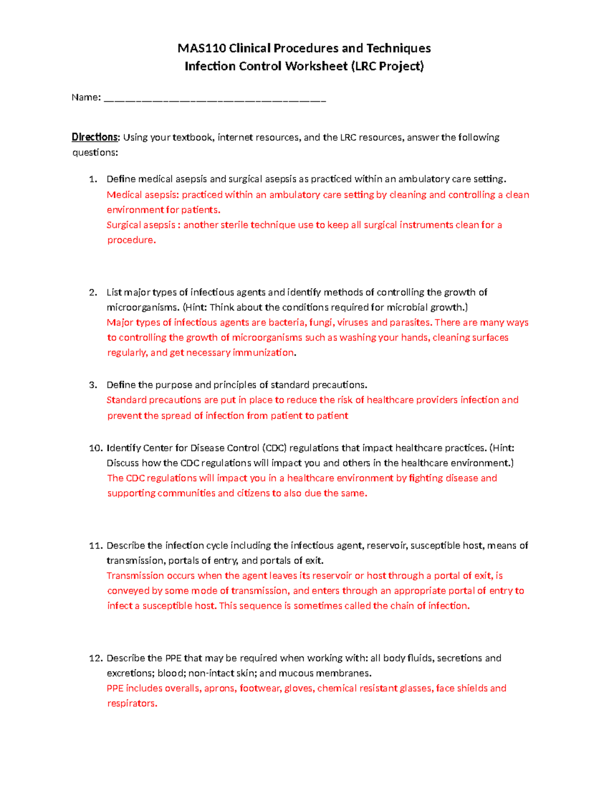 MAS110 Week 1 Infection Control Worksheet - MAS110 Clinical Procedures ...