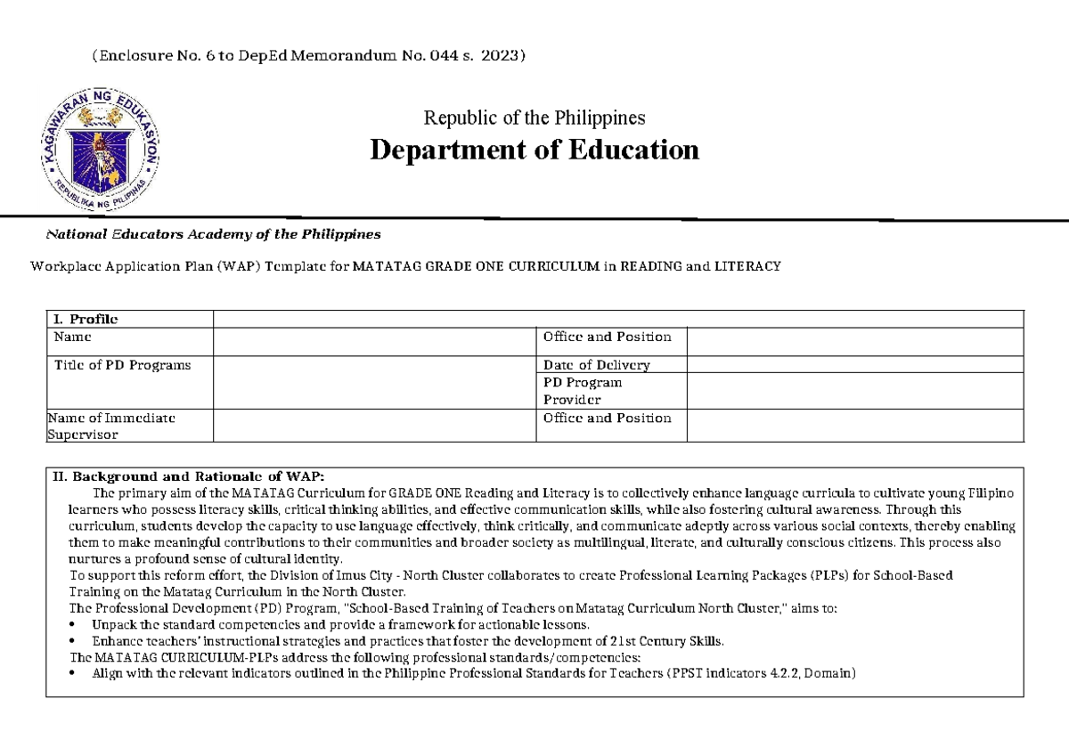 WAP - Workplace Action Plan - II. Background and Rationale of WAP: The ...