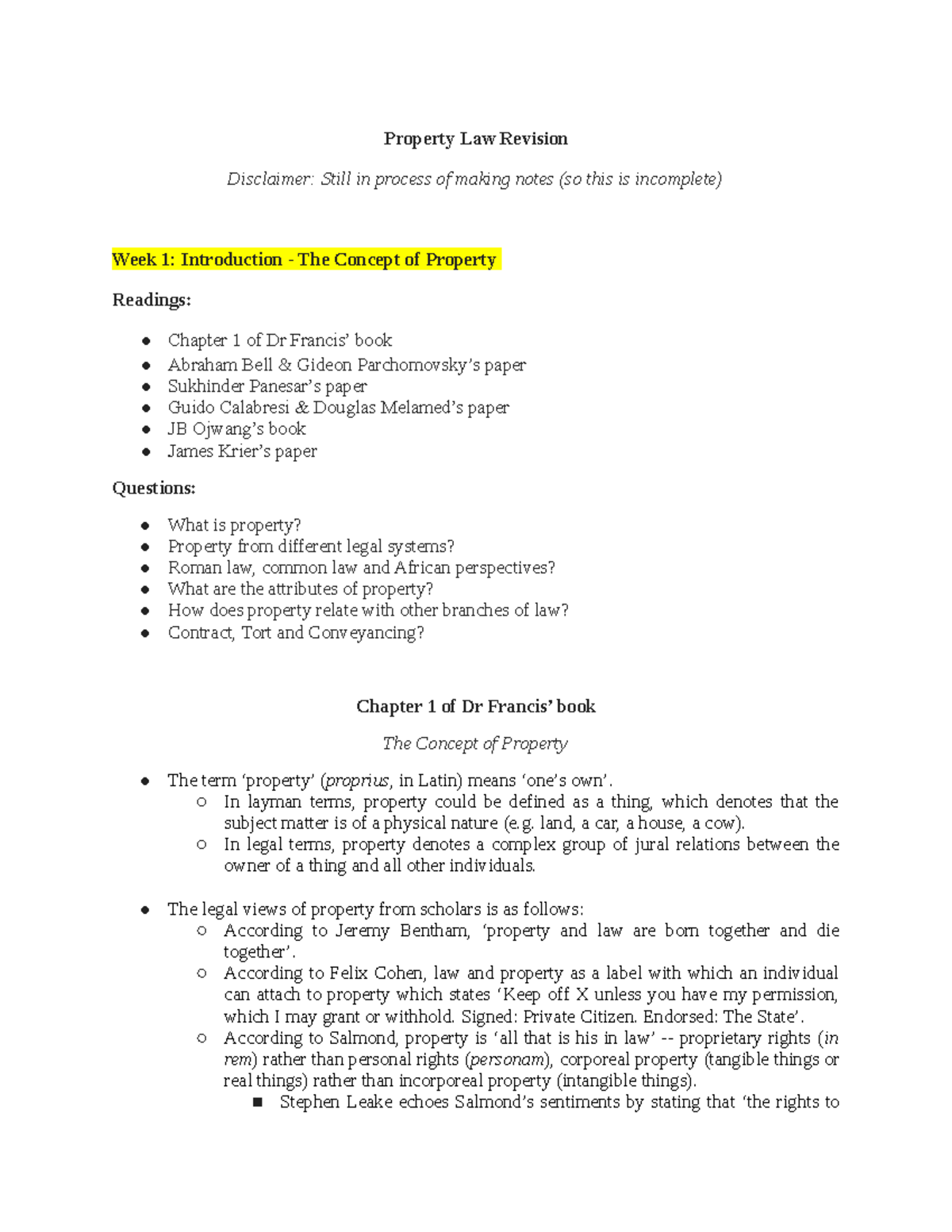 Property Law (revision) - Property Law Revision Disclaimer: Still in ...