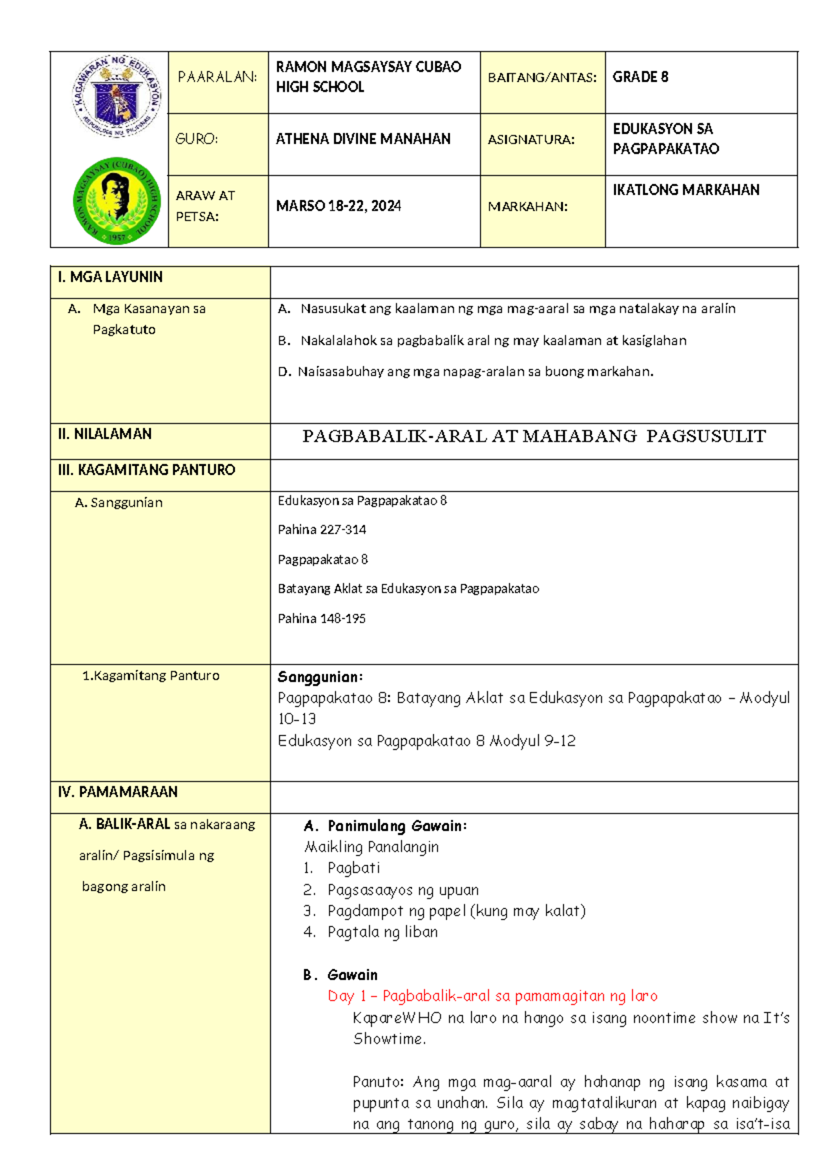 Manahan, AD review game - PAARALAN: RAMON MAGSAYSAY CUBAO HIGH SCHOOL ...