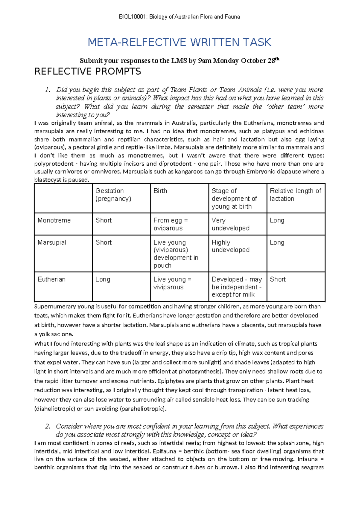 BIOL10001 Meta-Reflection template Final 2024 - BIOL10001: Biology of ...