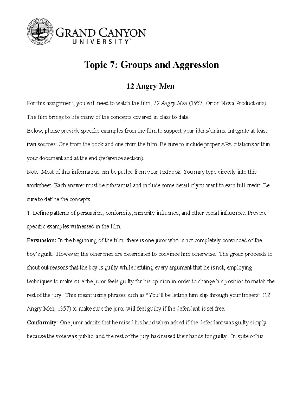 12Angry Men PSY-350 Assignment 2020 - PSY-530 - GCU - Studocu