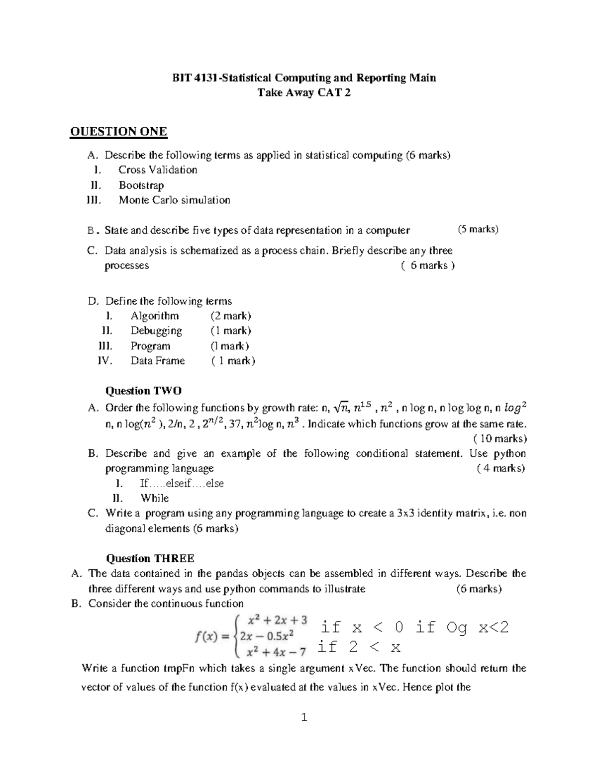 BIT 4131-Statistical Computing and Reporting TAKE AWAY CAT 2 - 1 BIT ...