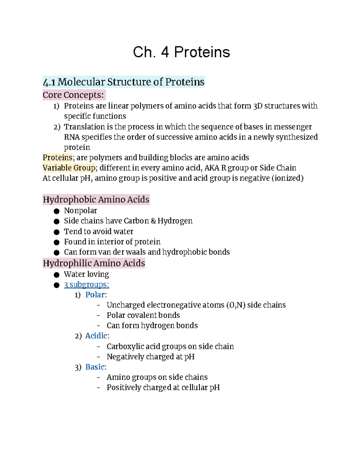 Ch4 Lecture Notes (BIO140) - Ch. 4 Proteins 4 Molecular Structure of ...