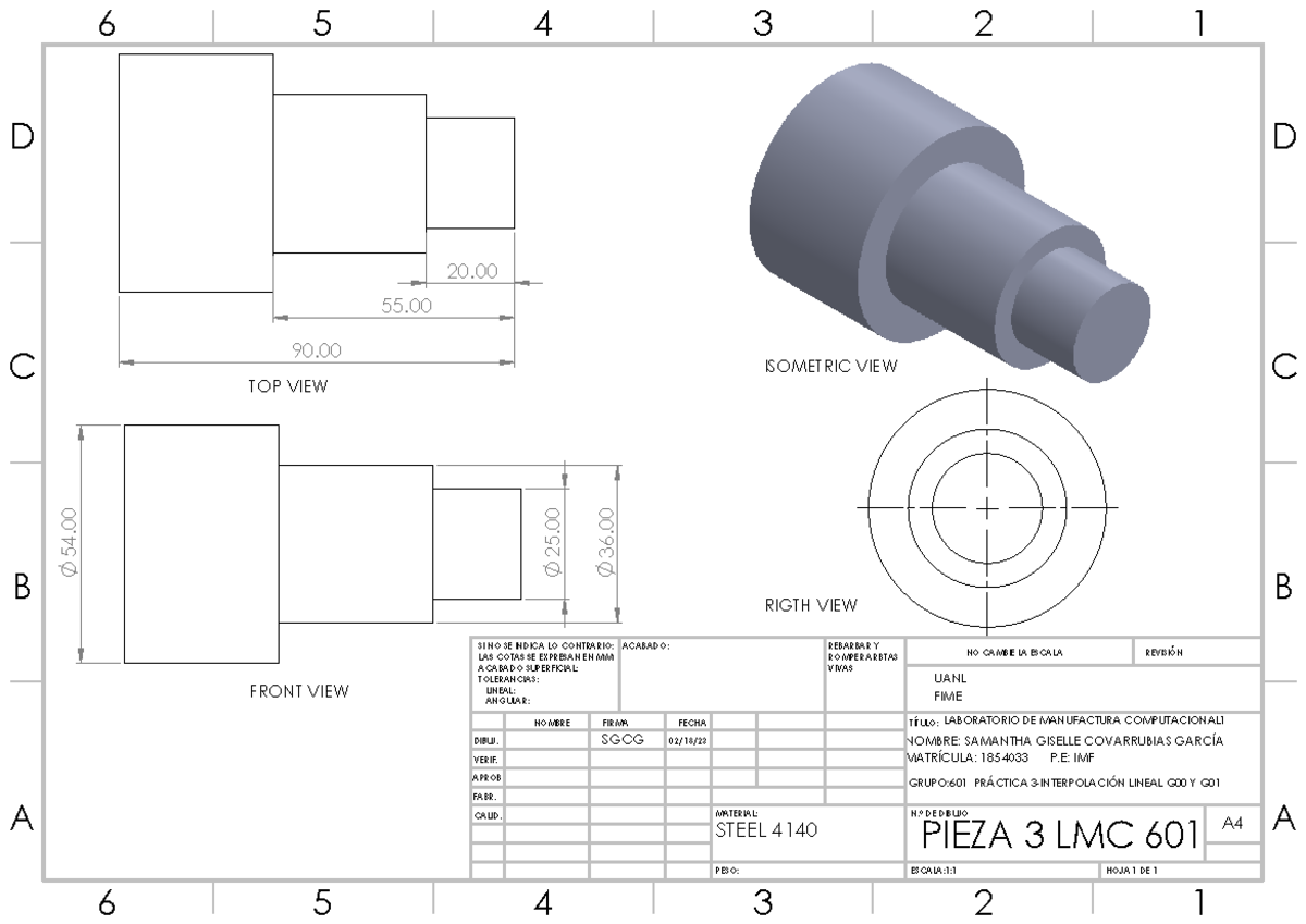 Pieza 3 LMC_BASE DE RD. - 54 25. TOP VIEW FRONT VIEW 90. 20. 55. ISOMETRIC VIEW UANL FIME - Studocu