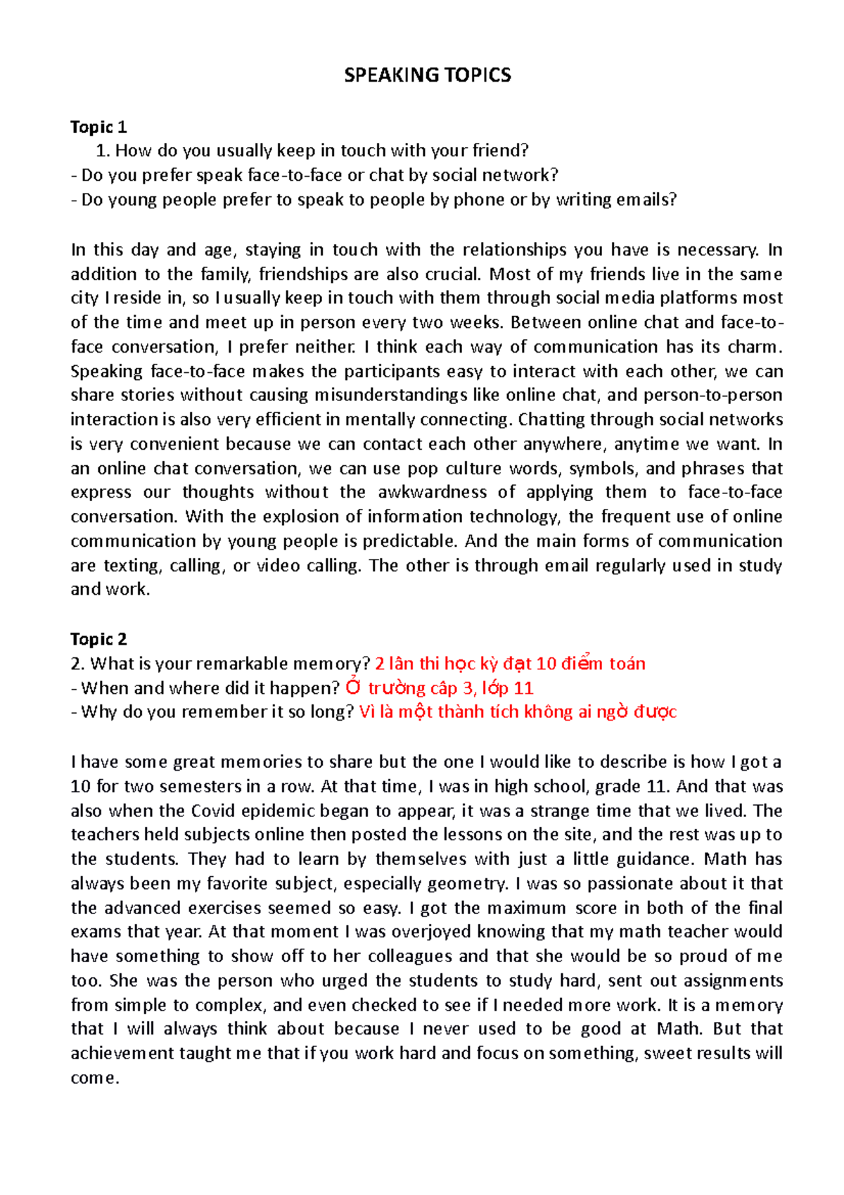 Speaking Topics - SPEAKING TOPICS Topic 1 1. How do you usually keep in ...