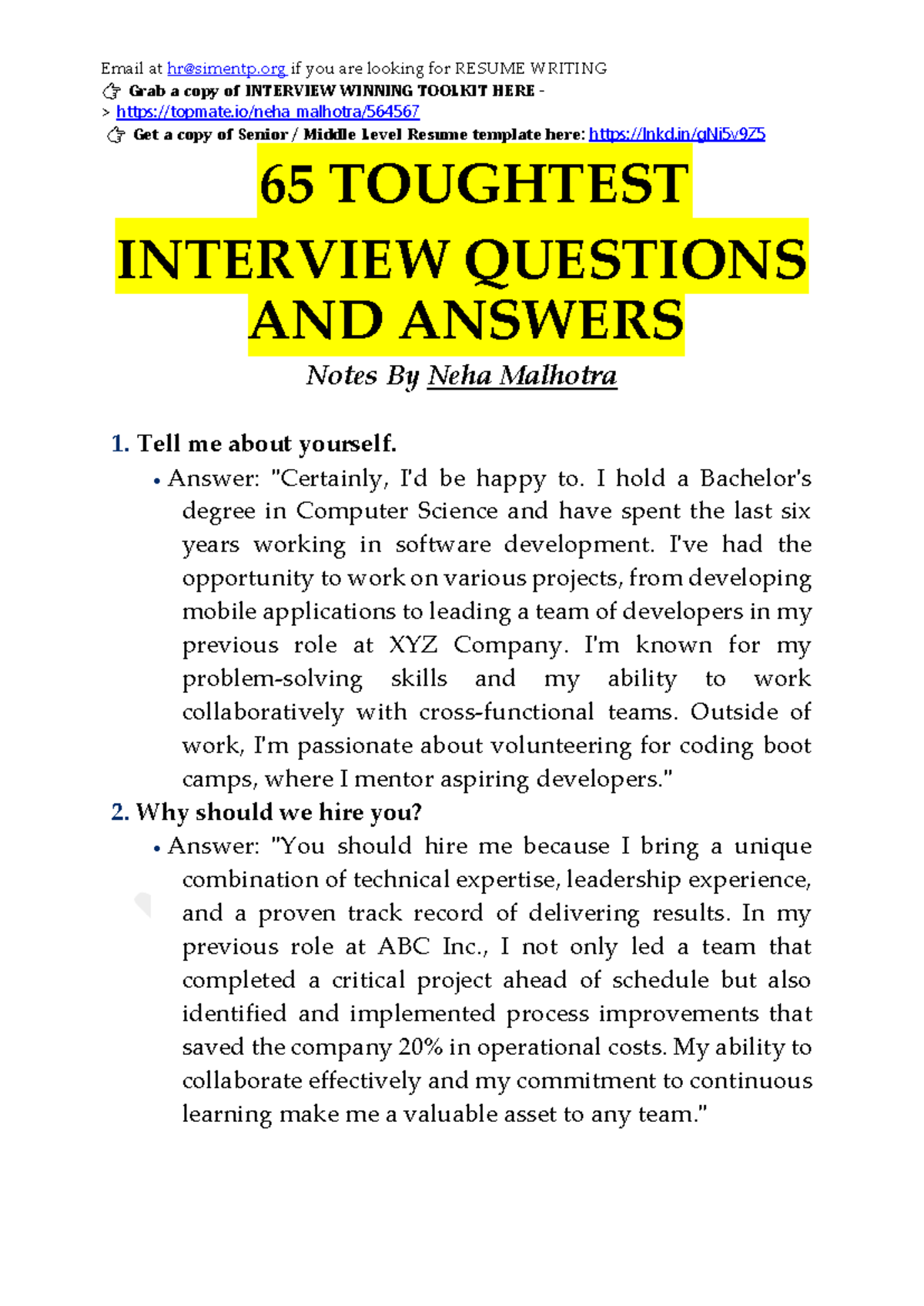 65 Toughest Interview Questions and Answers - 👉 𝐆𝐫𝐚𝐛 𝐚 𝐜𝐨𝐩𝐲 𝐨𝐟 ...