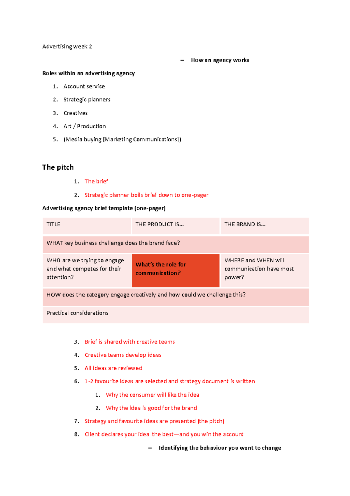 Lecture 2 Advertising - Advertising week 2 How an agency works Roles ...