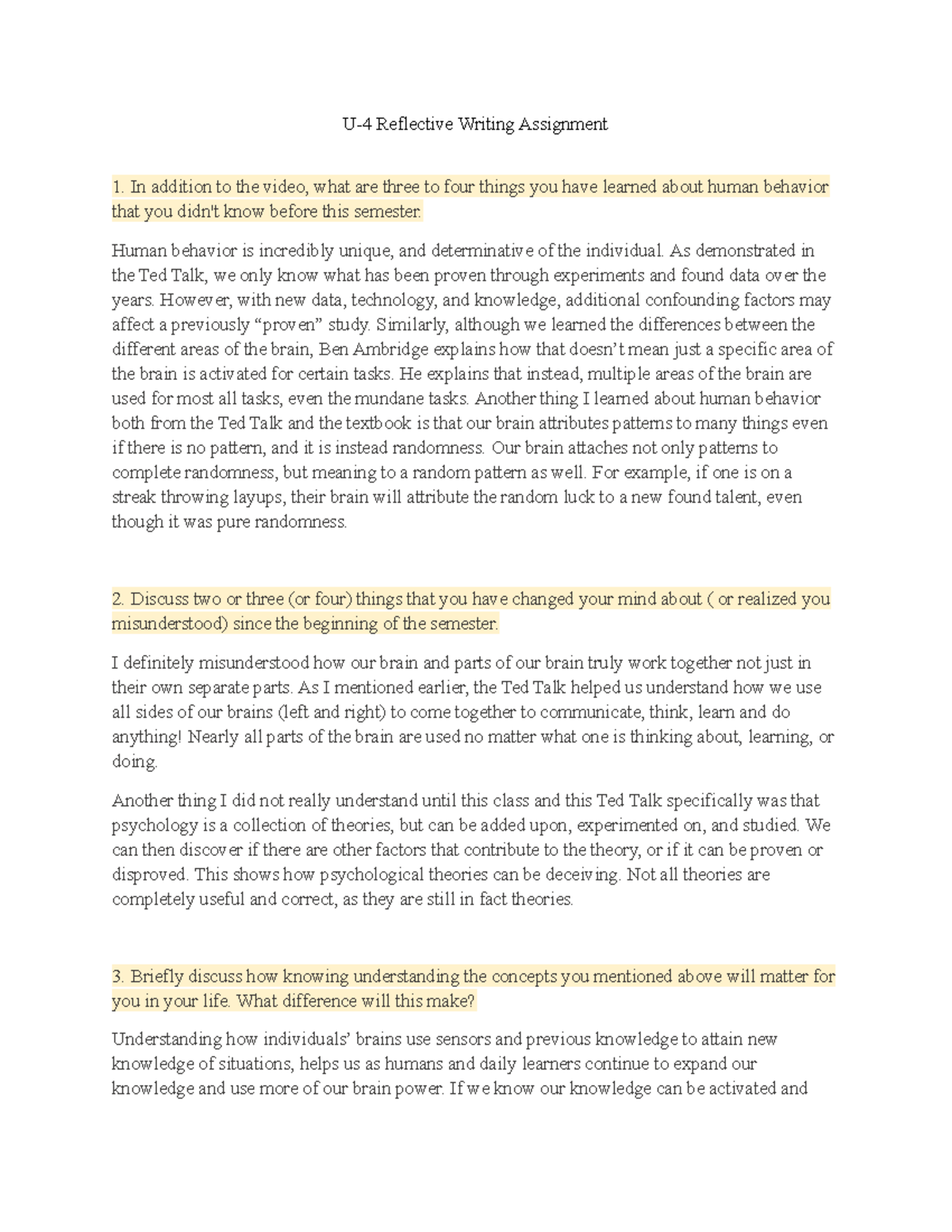 U-4 Reflective Writing Assignment - Human behavior is incredibly unique ...