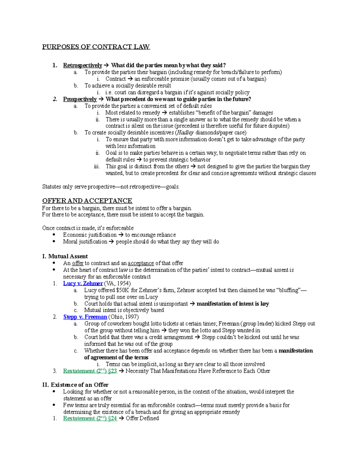 Midterm Condensed Outline from Online - PURPOSES OF CONTRACT LAW 1. Retrospectively What did the ...
