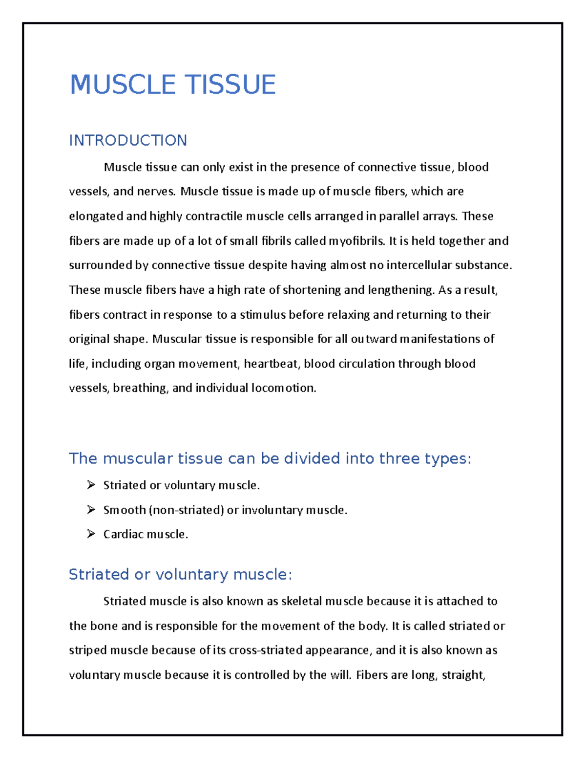 Detail NOTE ON Muscle Tissue - MUSCLE TISSUE INTRODUCTION Muscle tissue ...