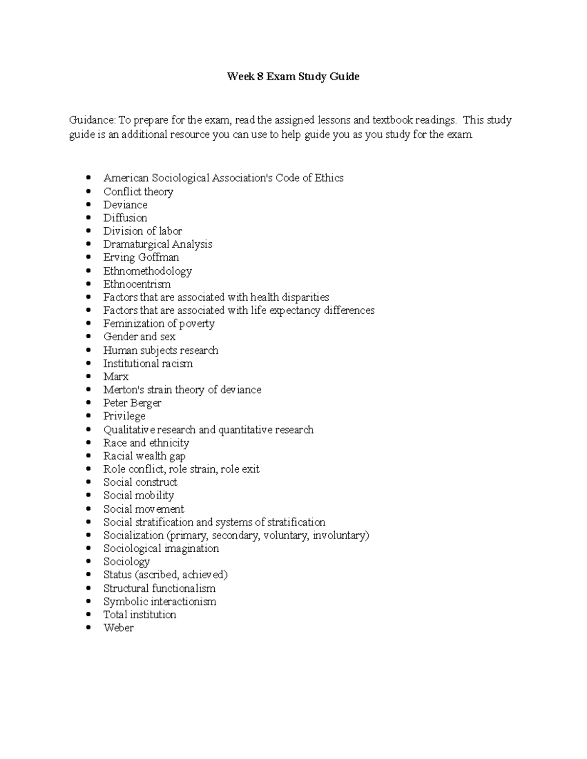 Week 8 Exam Study Guide - Week 8 final review - Week 8 Exam Study Guide ...
