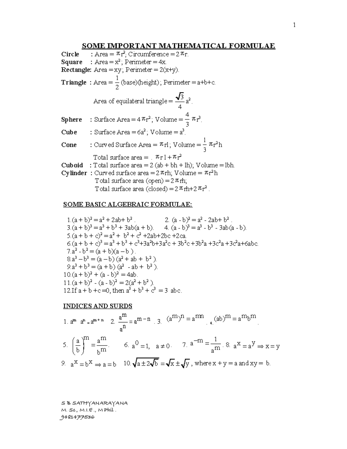 Basic Maths Formulae - n/a - Civil Eng'g - StuDocu