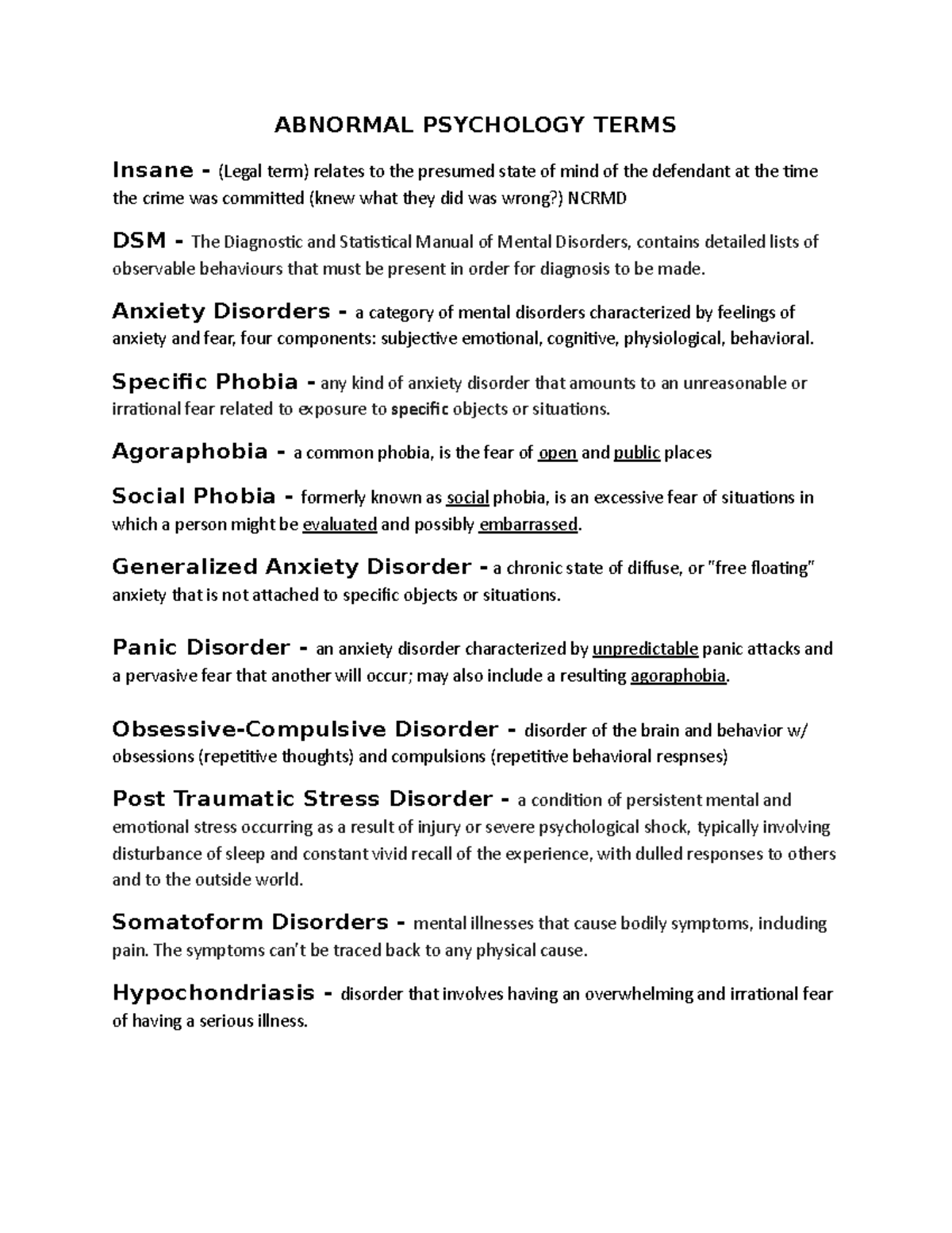 Abnormal Psychology Terms 1 - ABNORMAL PSYCHOLOGY TERMS Insane - (Legal ...