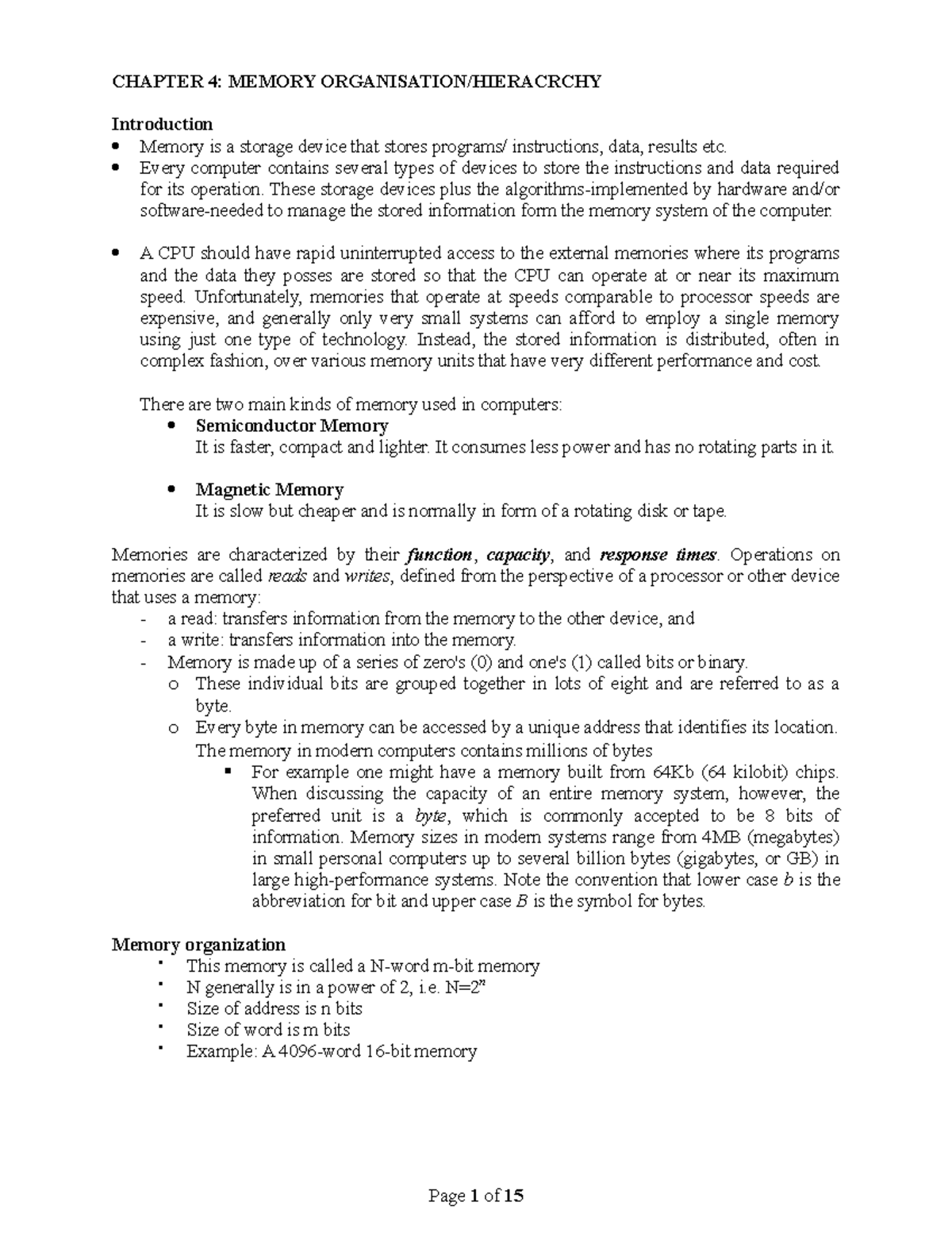 Chapter 4 Memory Organisation Hieracrchy - CHAPTER 4: MEMORY ...
