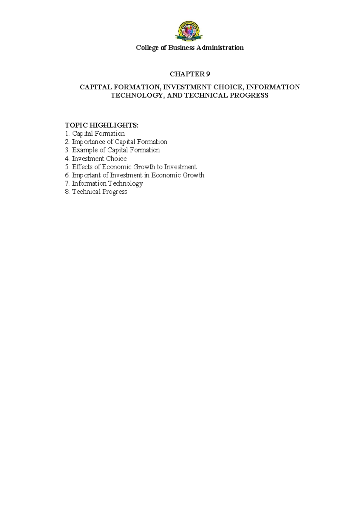 Chapter 9 Capital Formation, Investment Choice, Information Technology ...