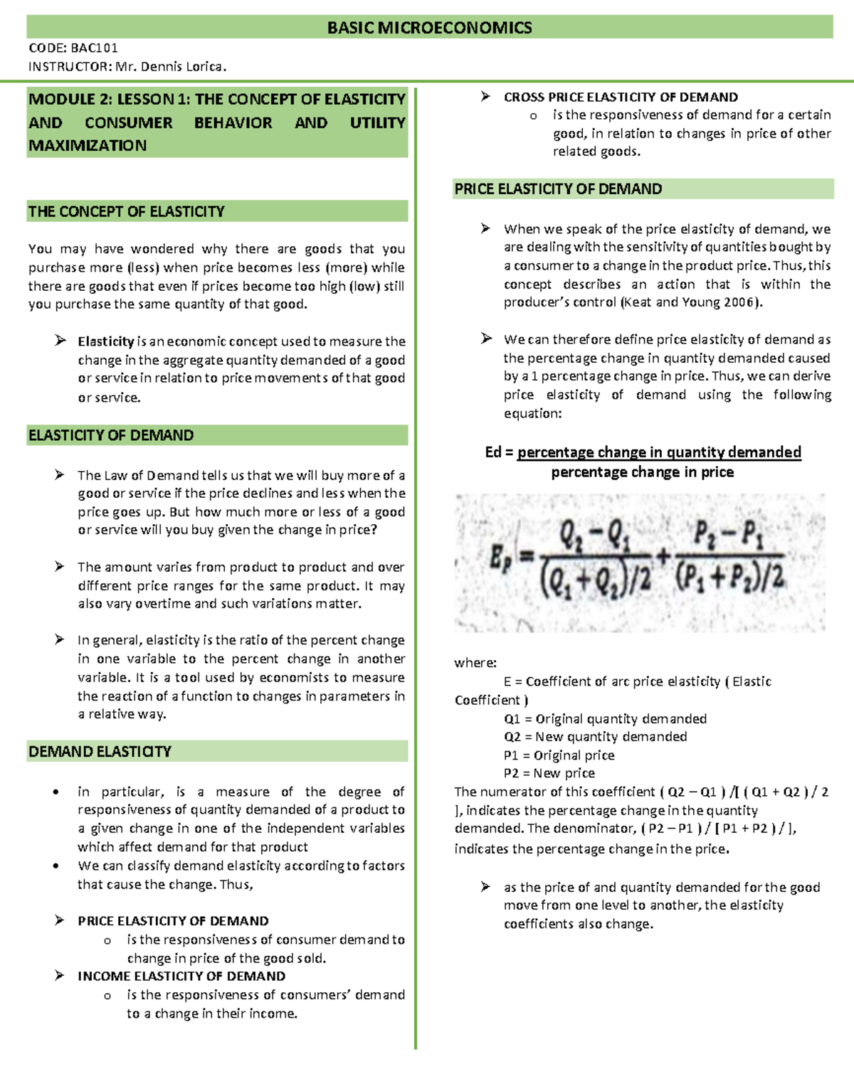 BAC101 Notes Midterm - Basic Microeconomics - CODE: BAC INSTRUCTOR: Mr ...