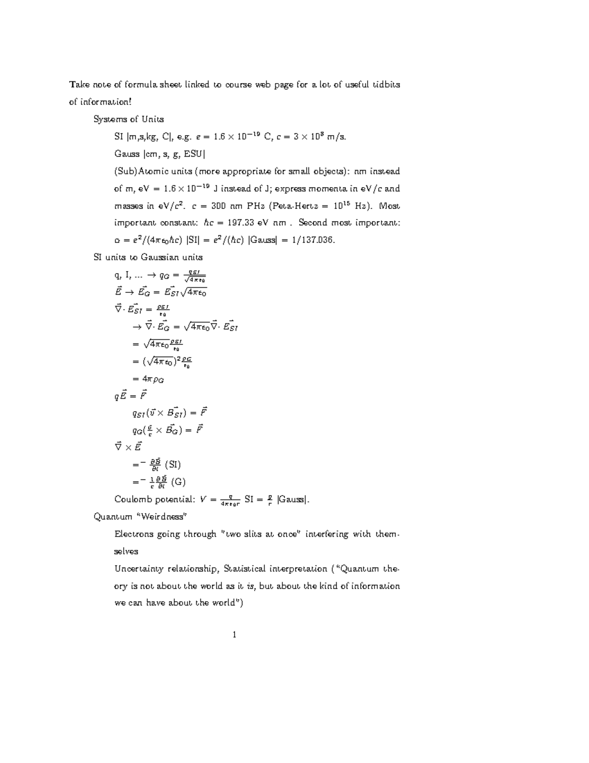 Notes 1 and 2 - Graduate Quantum Mechanics 1 - Take note of formula ...