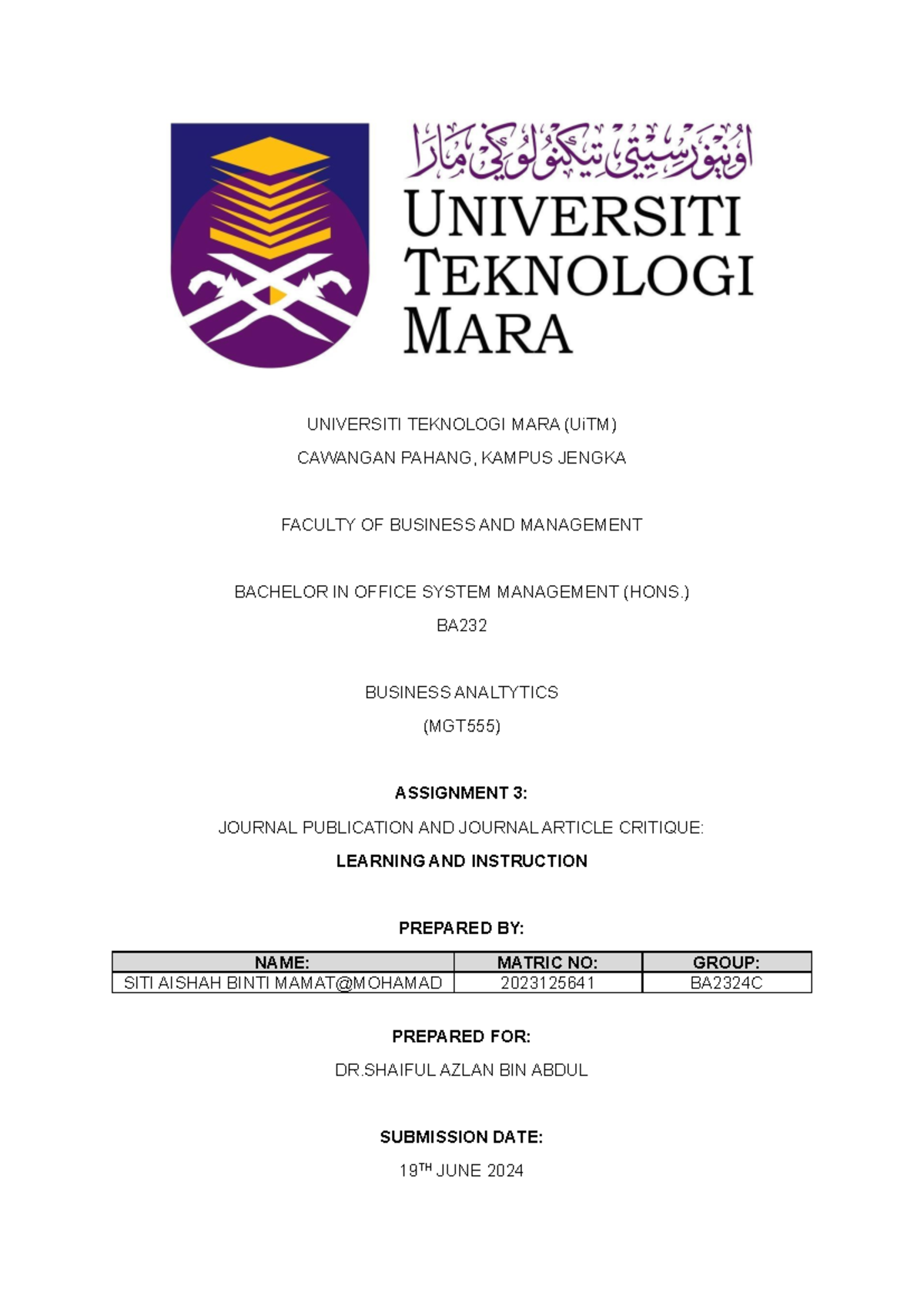ARTICLE REVIEW MGT555 - UNIVERSITI TEKNOLOGI MARA (UiTM) CAWANGAN ...