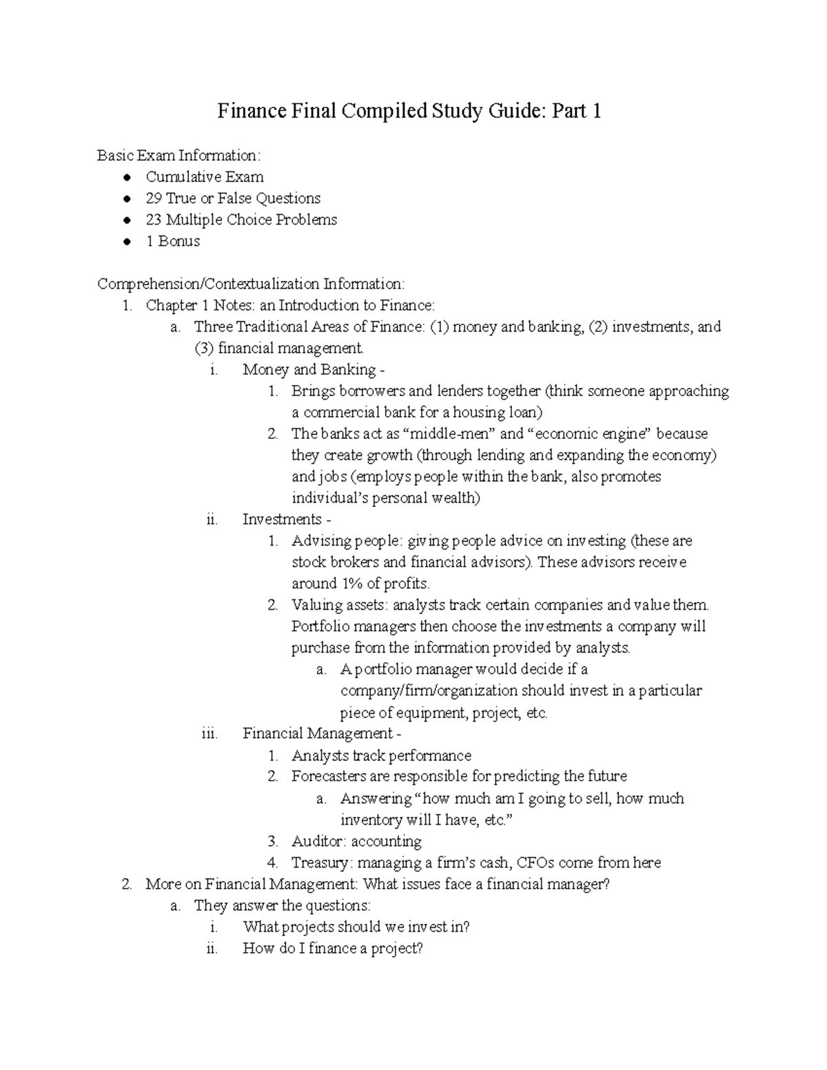 Finance Final Compiled Study Guide Part 1 - Chapter 1 Notes: an ...