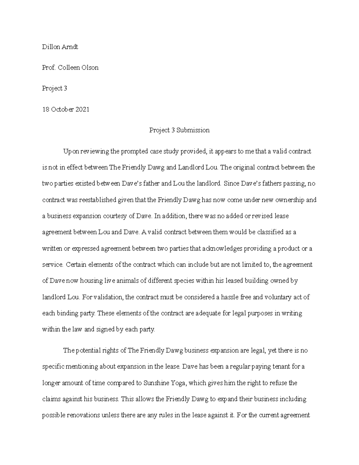 Bus 206 Project 3 submission - Dillon Arndt Prof. Colleen Olson Project ...