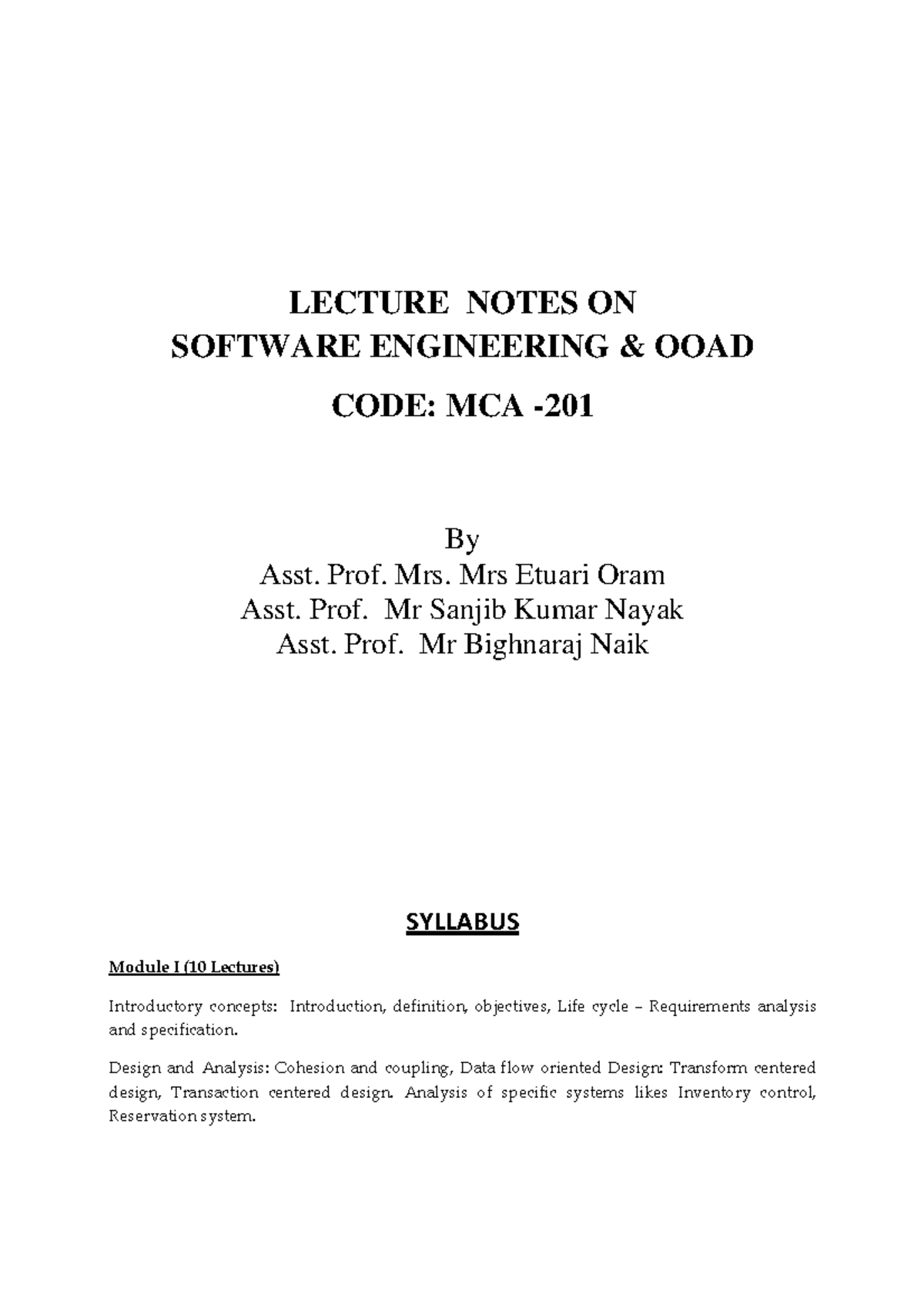 Lecture 1423904473 software engineering - LECTURE NOTES ON SOFTWARE ...