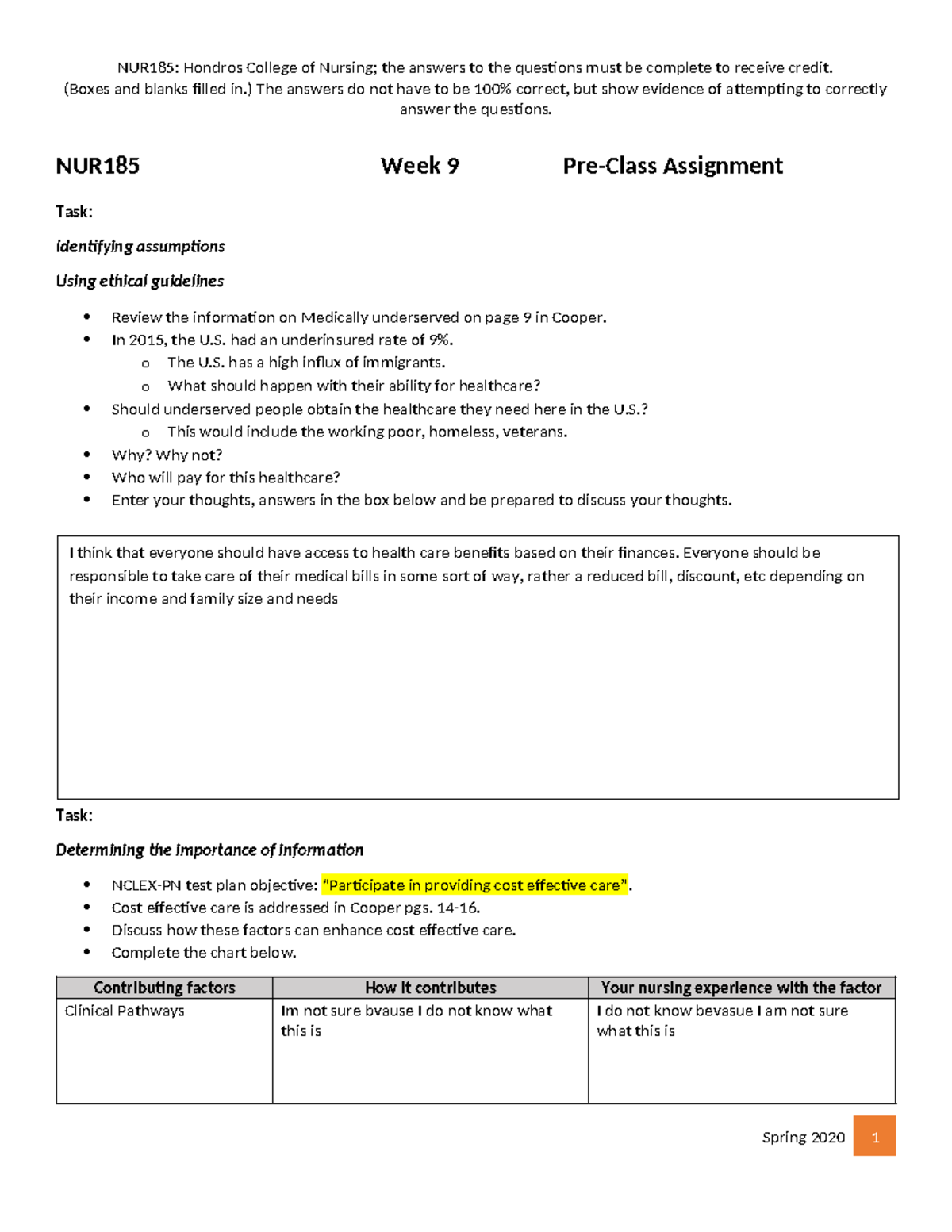 NUR 185 Week 9 Pre-Class Assignments - NUR185: Hondros College of ...