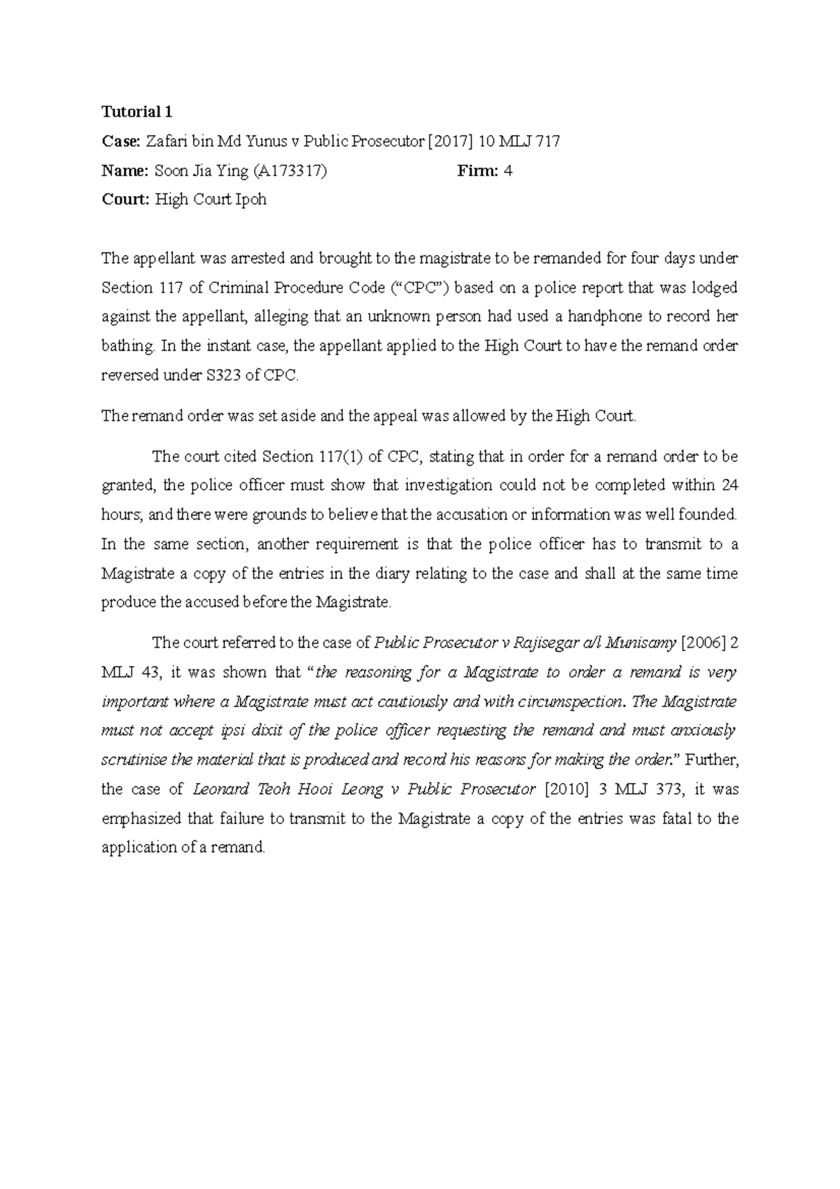 Zafari bin Md Yunus v PP [2017 ] - Tutorial 1 Case: Zafari bin Md Yunus v Public Prosecutor ...