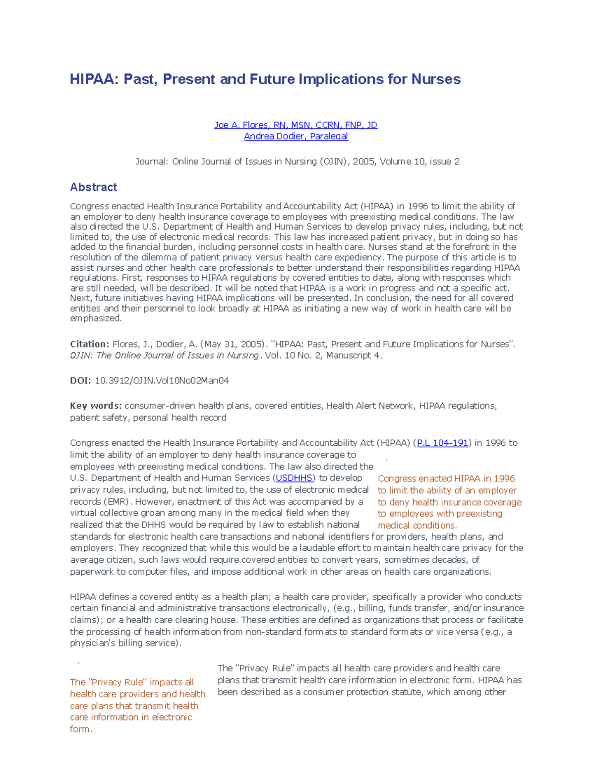 Hipaa Journal Article #2 Hipaa Past Present and Future Implications for ...